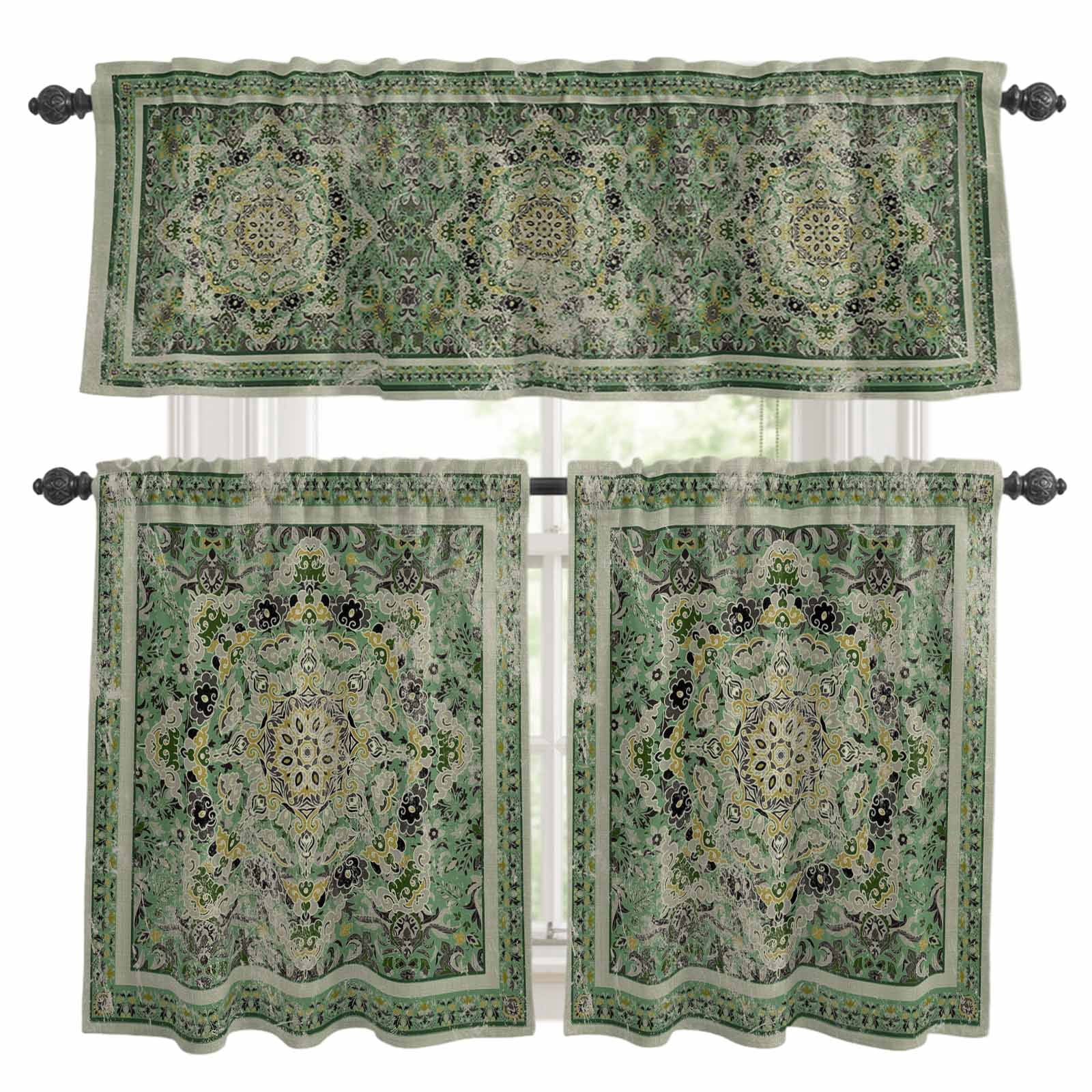 3 Piece Turkish Boho Kitchen Curtain Valance and Tiers Set Green ...