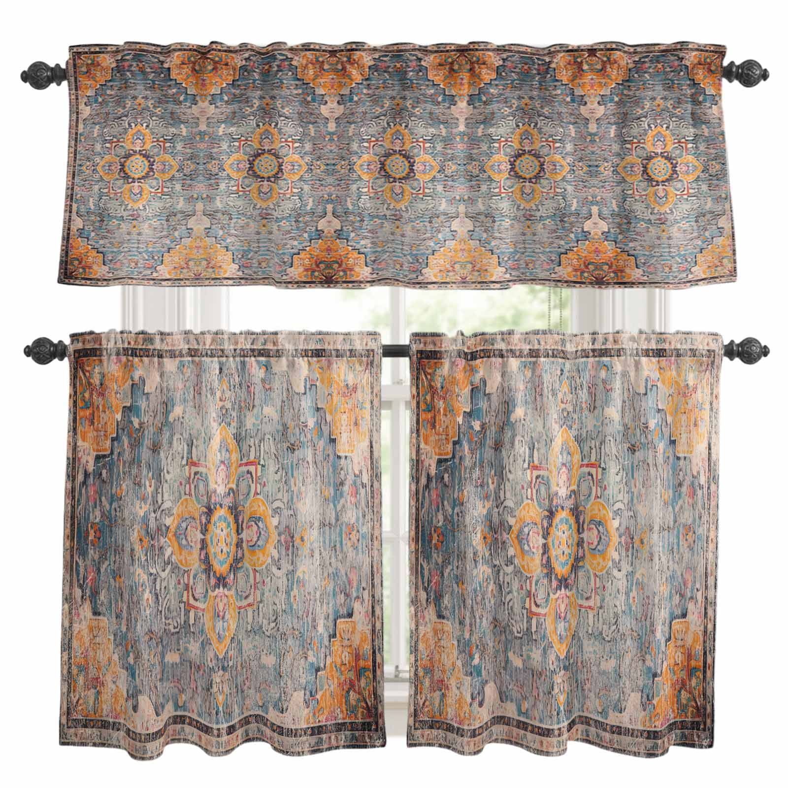 3 Piece Turmeric Gray Blue Floral Kitchen Curtain Valance and Tiers Set ...