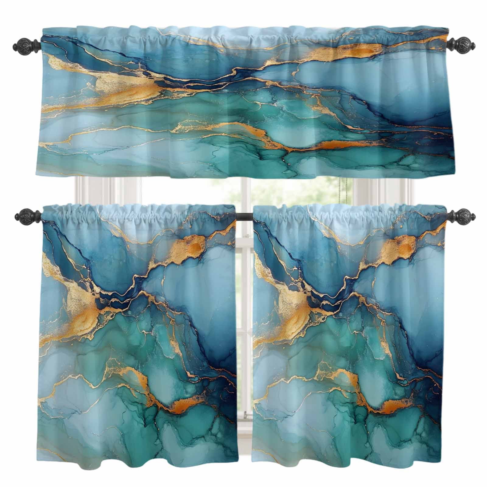 3 Piece Turquoise Gold Marble Kitchen Curtain Valance and Tiers Set ...