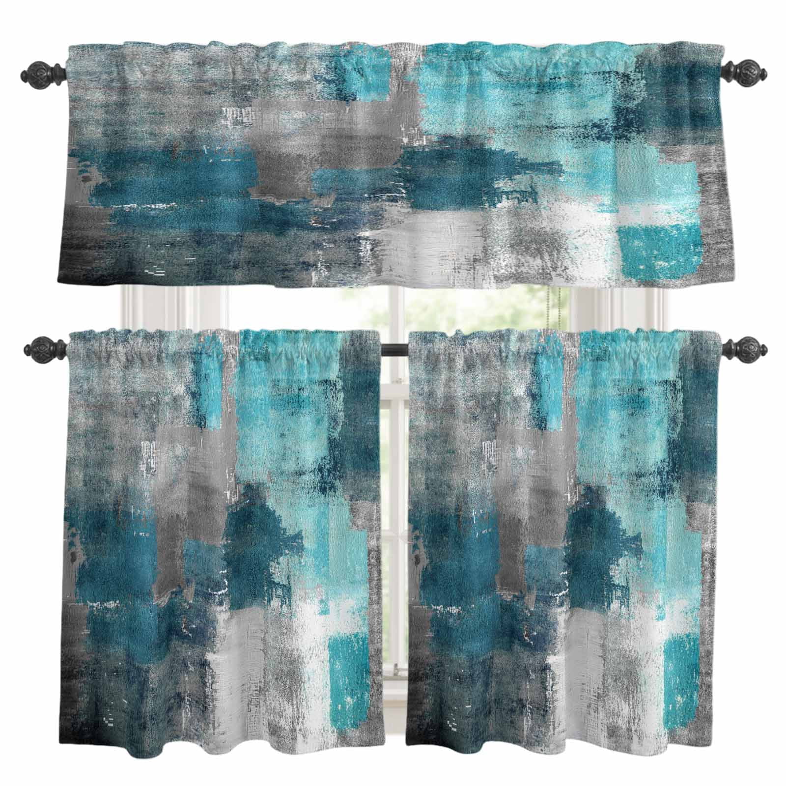 3 Piece Turquoise Grey Kitchen Curtain Valance and Tiers Set Abstract ...