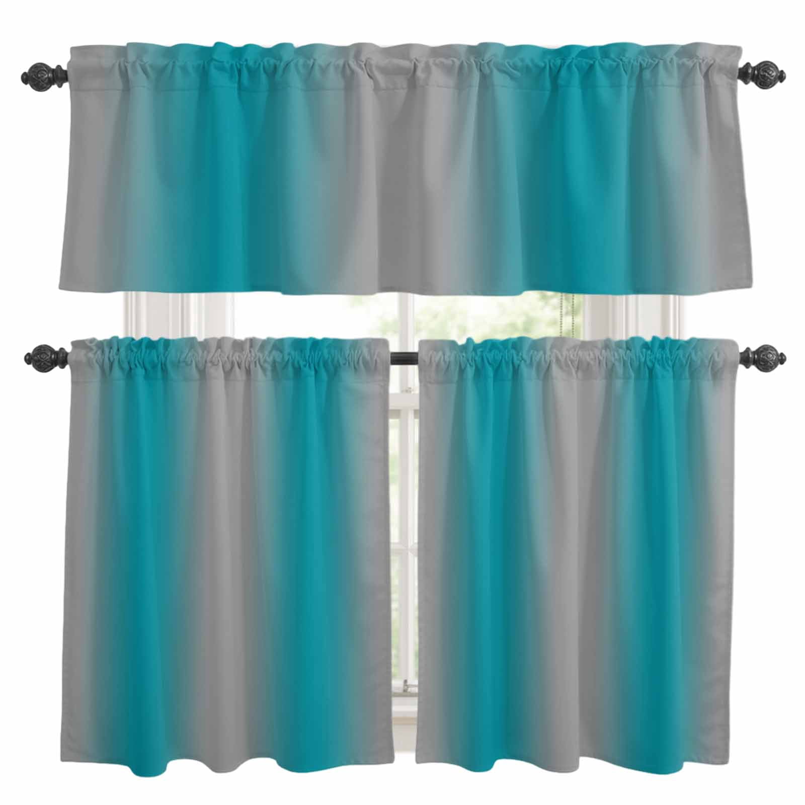 3 Piece Turquoise Grey Ombre Kitchen Curtain Valance and Tiers Set ...