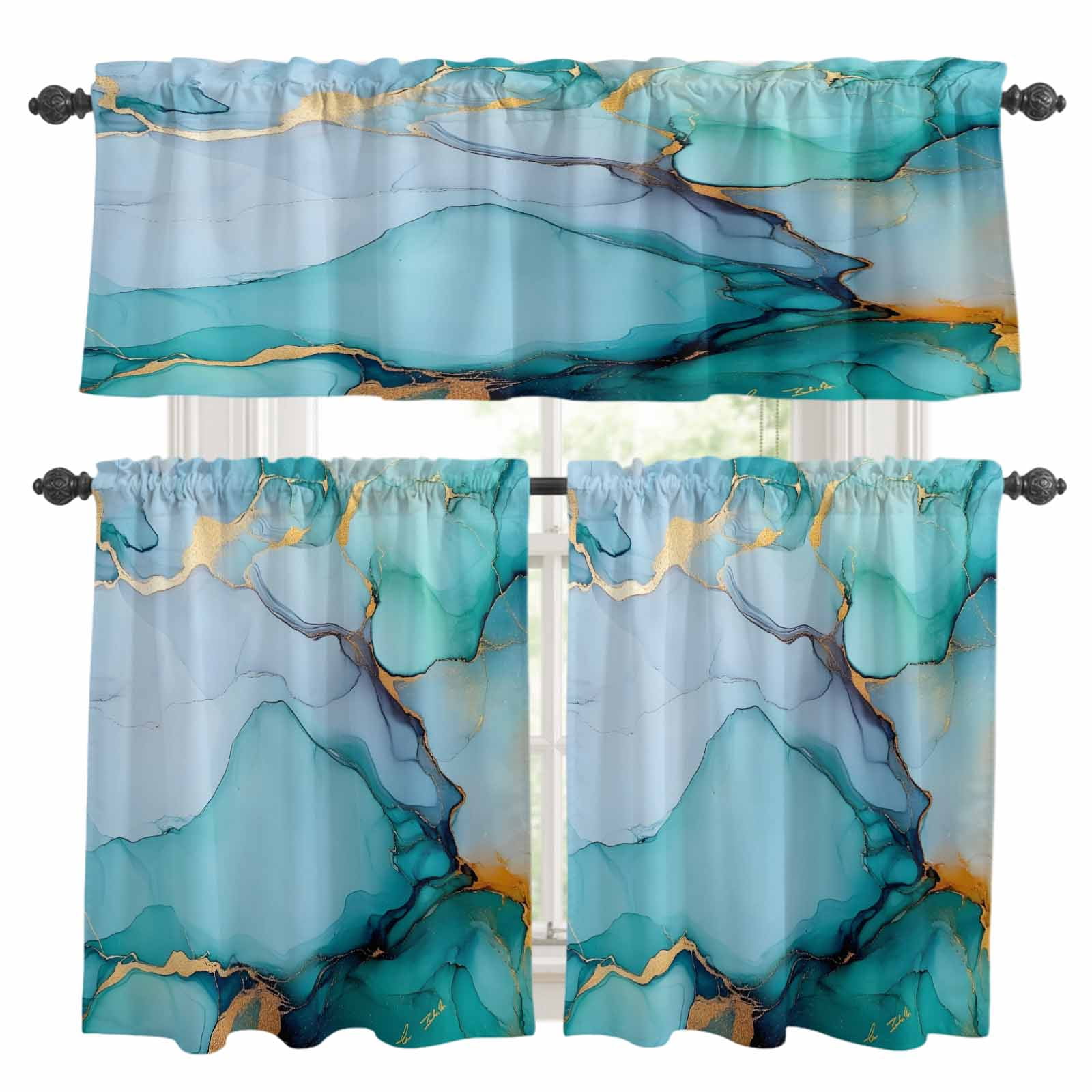3 Piece Turquoise Marble Kitchen Curtain Valance and Tiers Set Teal ...