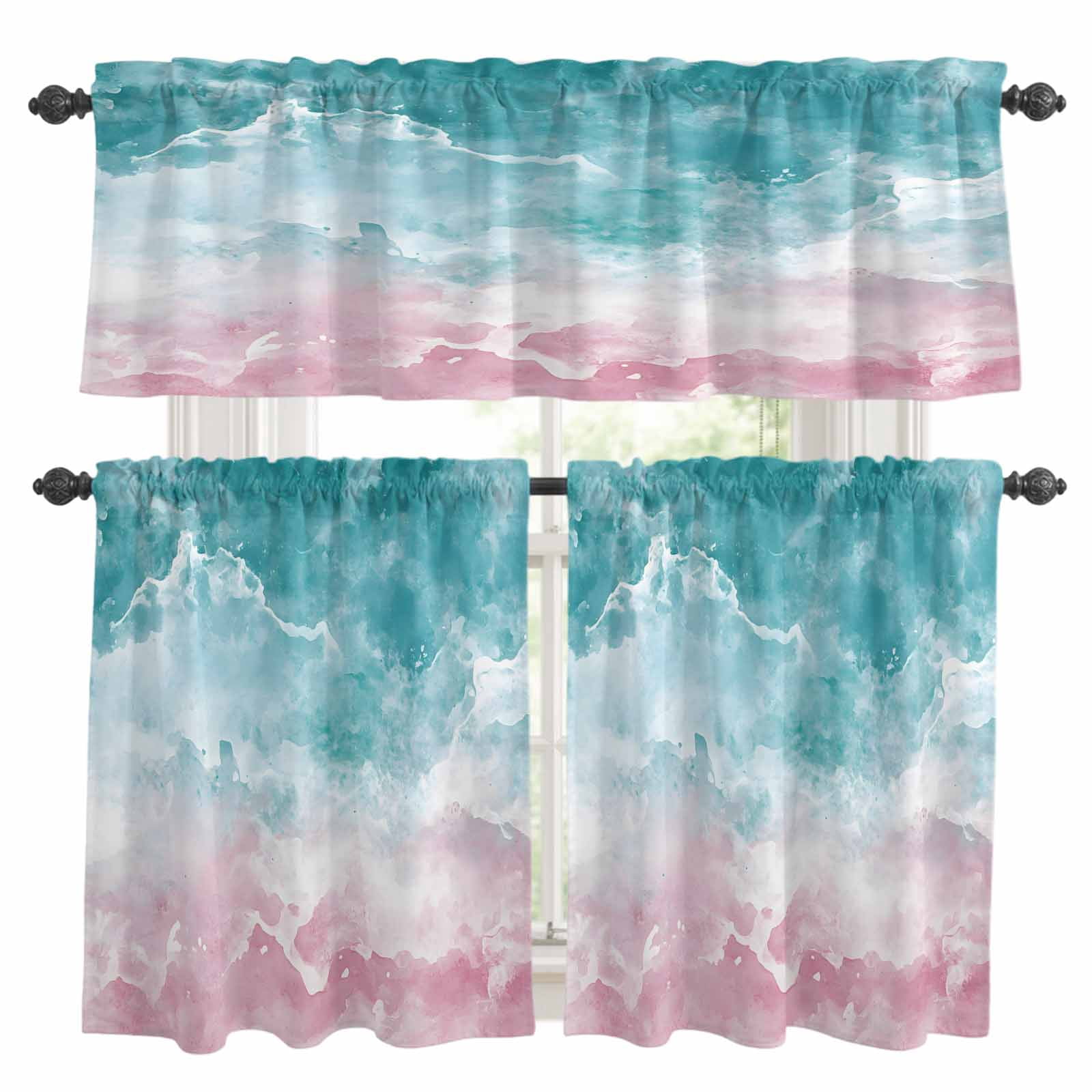 3 Piece Turquoise Pink Ombre Kitchen Curtain Valance and Tiers Set ...
