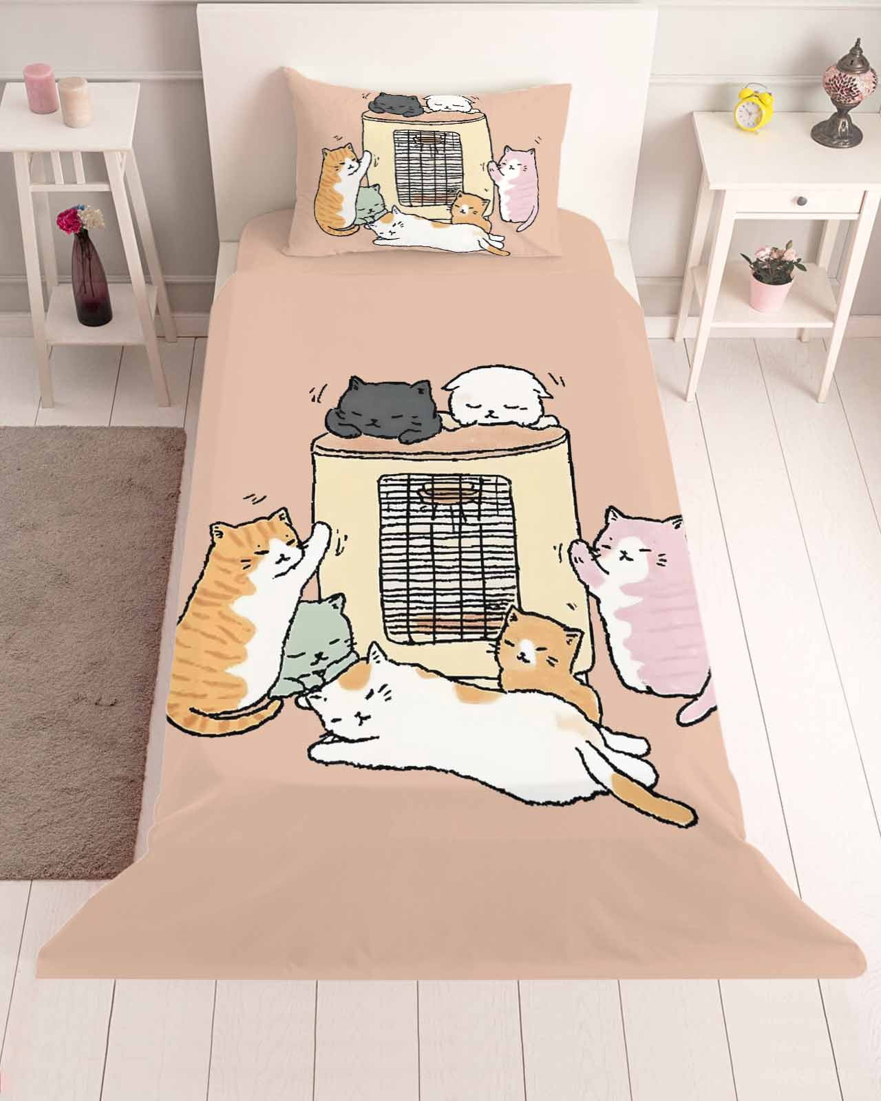 3 Piece Twin Sheet Set Pink Brown Cute Cat Sheets Set for Twin Size Bed ...