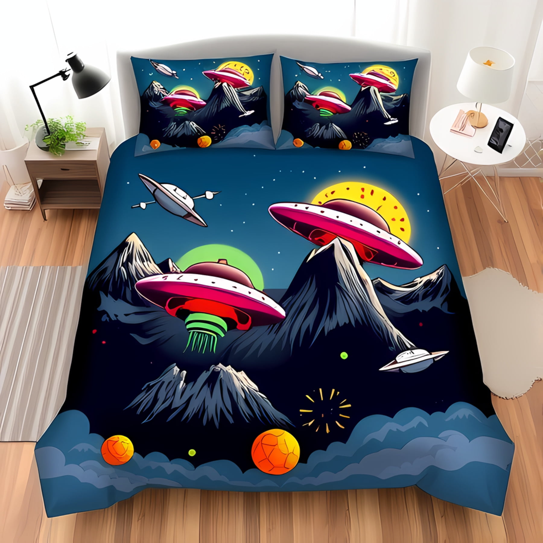3-Piece UFO Nighttime Landscape Duvet Cover Set - Vibrant Retro Sci-Fi ...