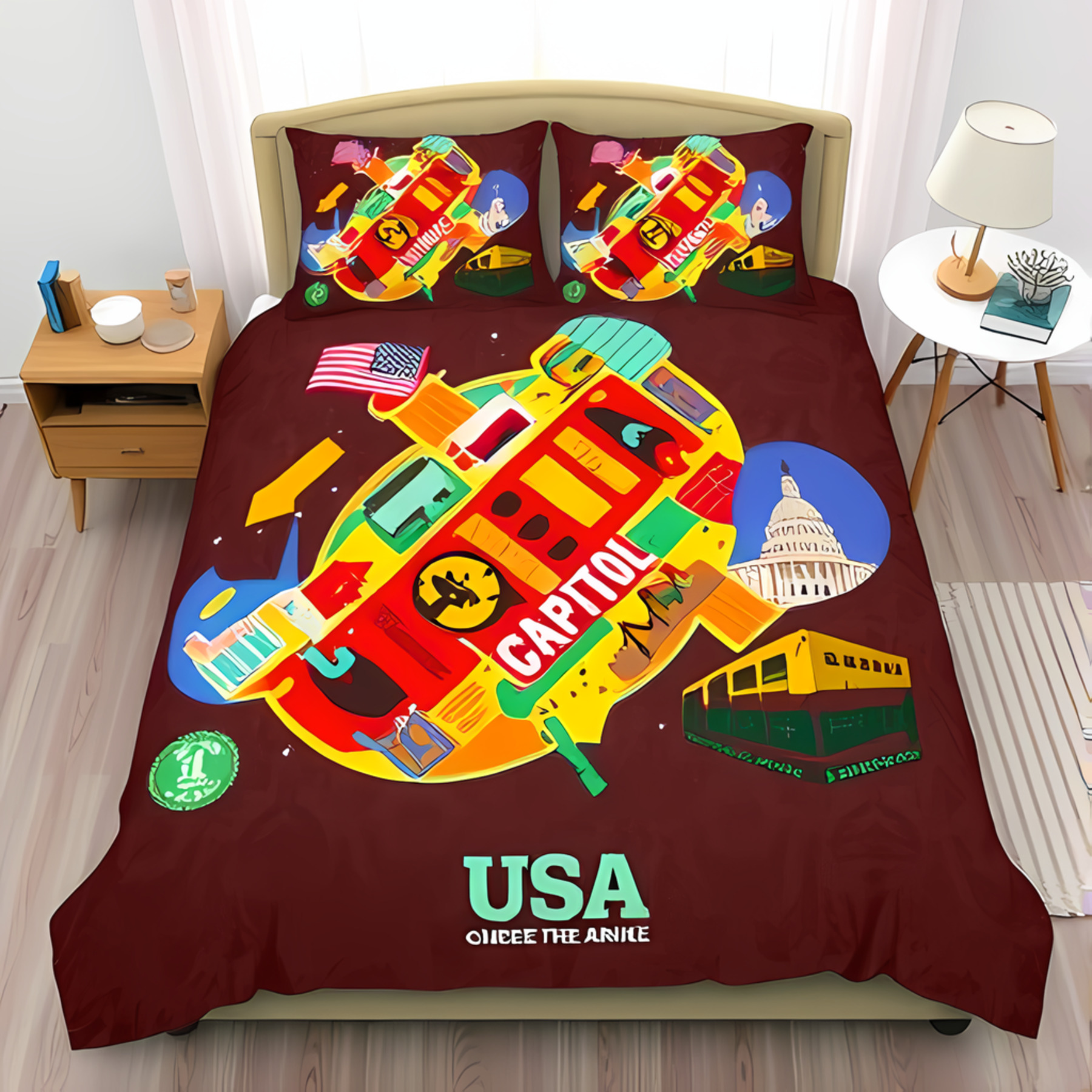 3-Piece USA Themed Duvet Cover Set with Colorful Landmarks & Design ...