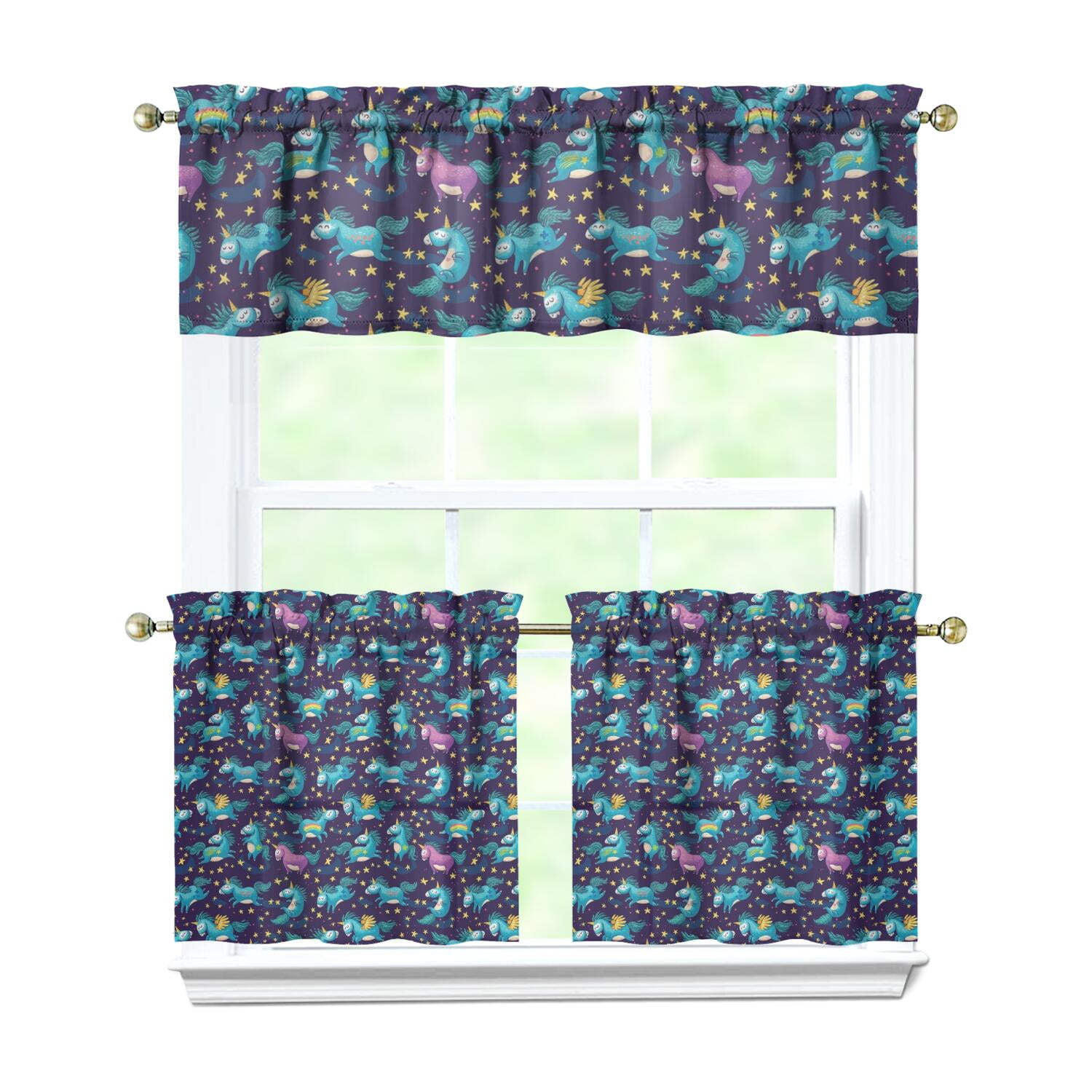 3 Piece Unicorn & Rainbow Caf Curtains Set - Cute Mythical Horse ...