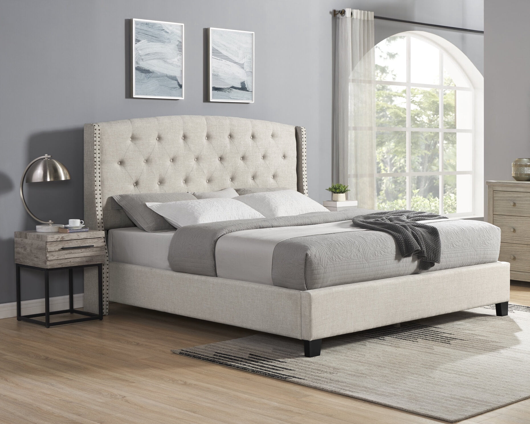 3-Piece Upholstered Bedroom Set, Tufted Wingback Queen Bed Frame with ...