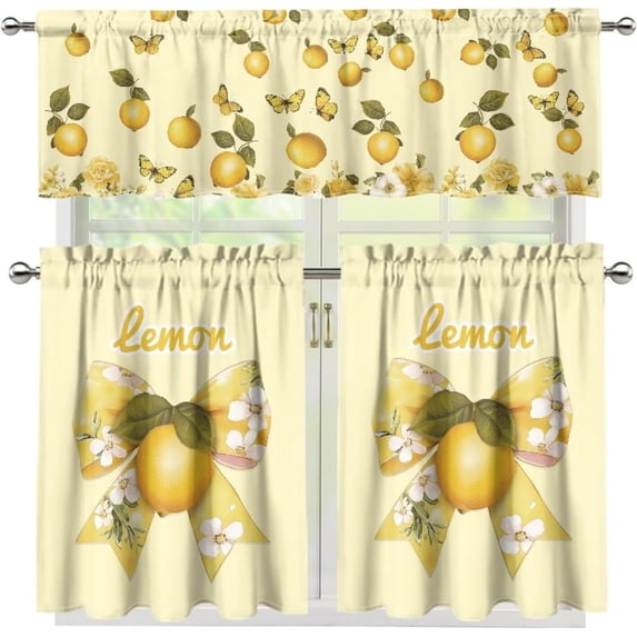 3 Piece Valance Cafe Kitchen Window Curtains Over Sink Butterfly Lemon ...