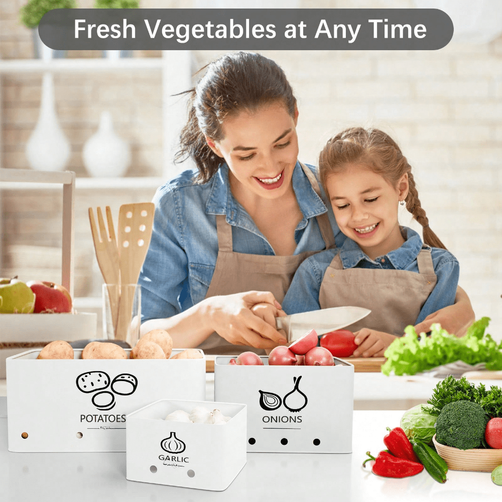 3 Piece Vegetable Storage Box, Potato Onion Garlic Storage Jar, Metal ...