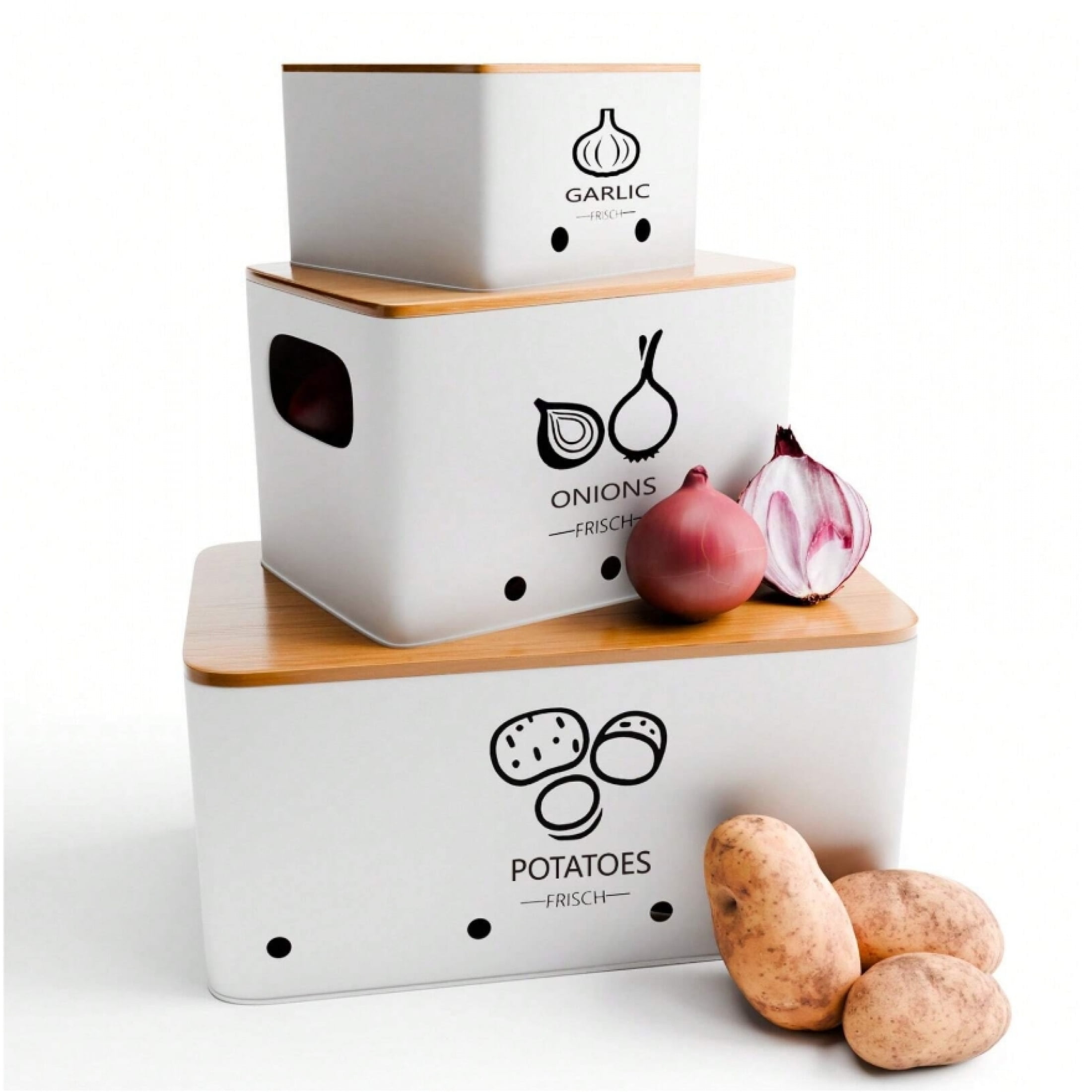 3 Piece Vegetable Storage Box, Potato Onion Garlic Storage Jar, Metal ...