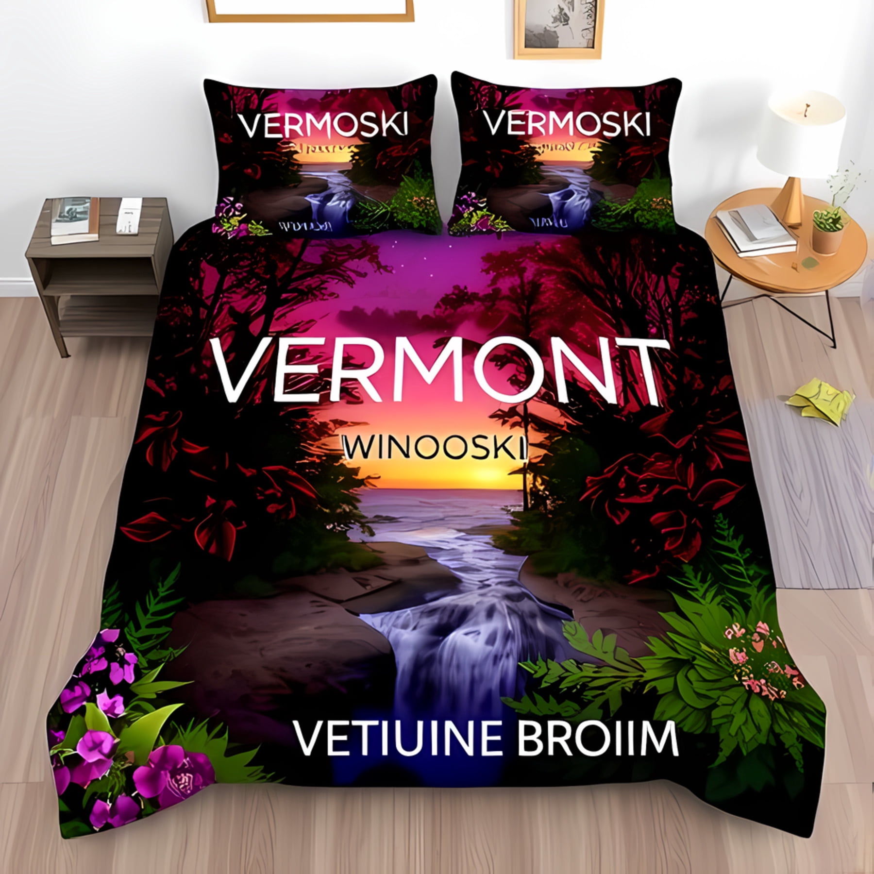 3-Piece Vermont Inspired Duvet Cover Set with Scenic River and Floral ...