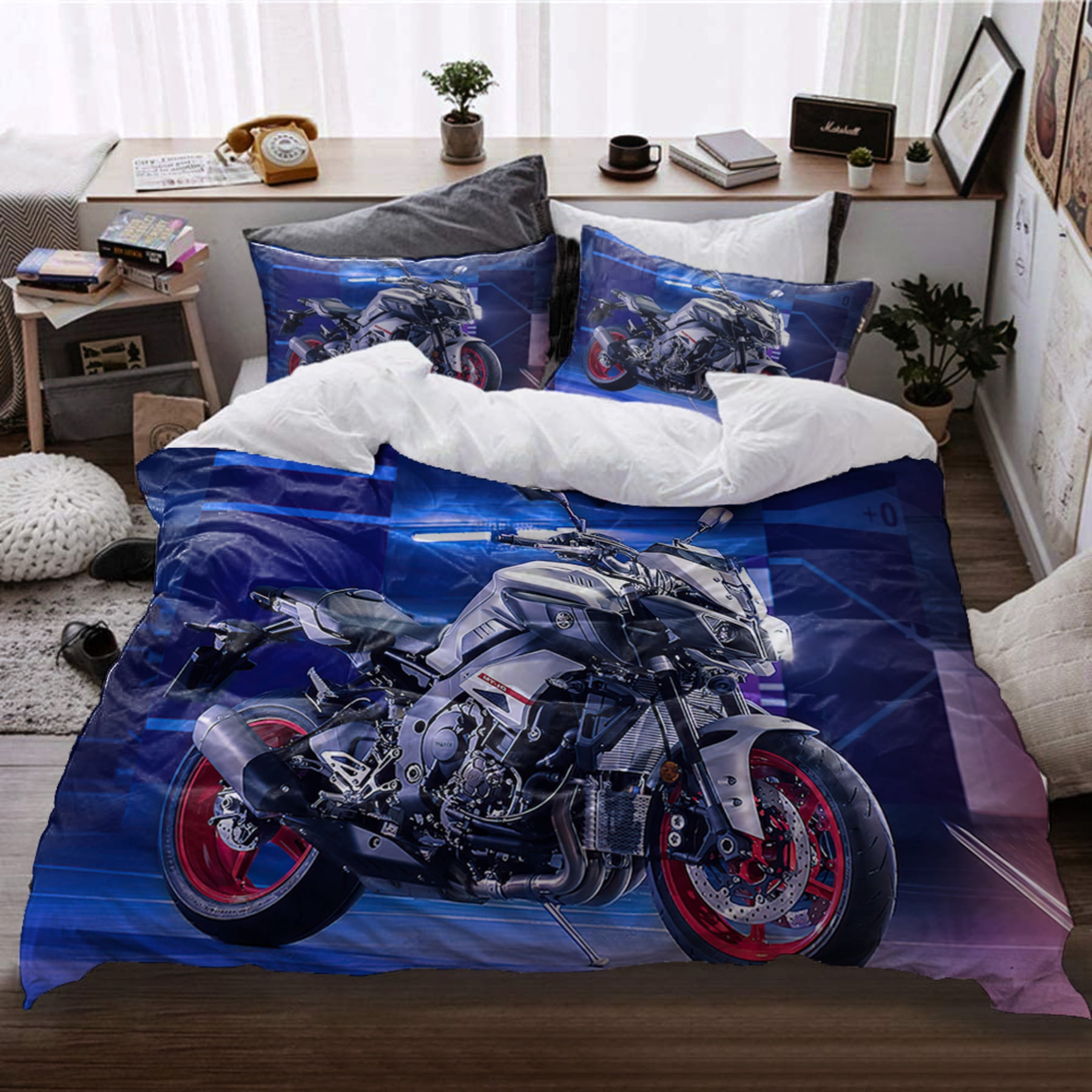 3-Piece Vibrant Blue Duvet Cover Set with Silver Motorcycle Design ...