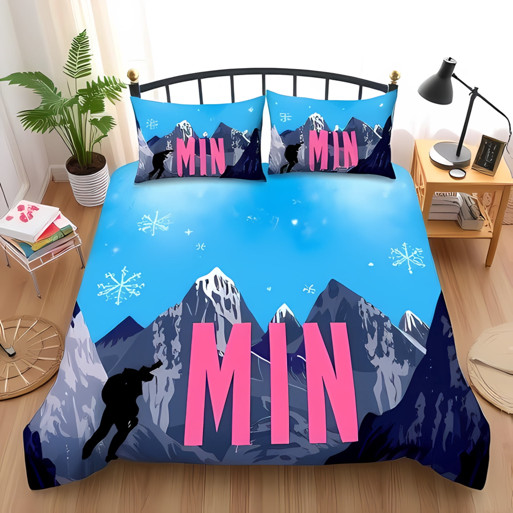 3-Piece Vibrant Blue Duvet Cover Set with Snowy Mountain Design & Pink ...