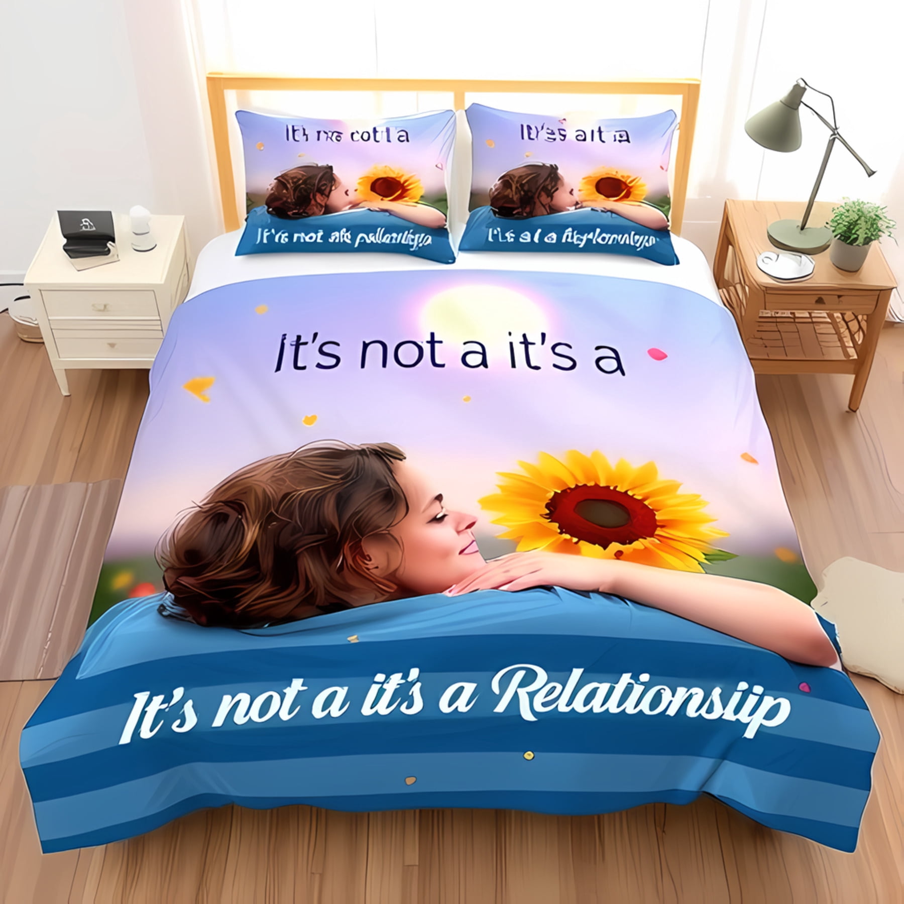 3-Piece Vibrant Blue Duvet Cover Set with Sunflower Design & Positive ...