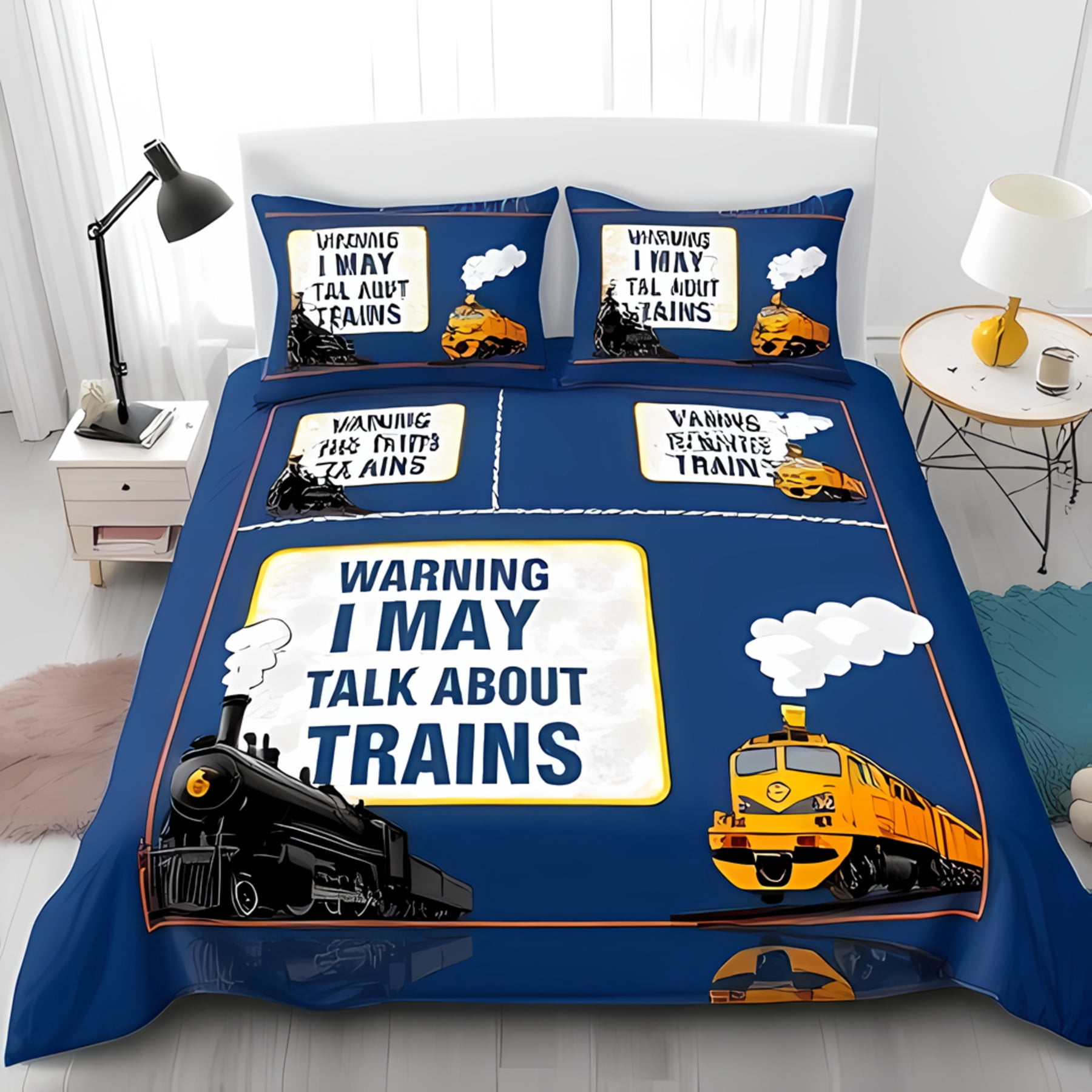 3-Piece Vibrant Blue Duvet Cover Set with Vintage & Modern Train ...