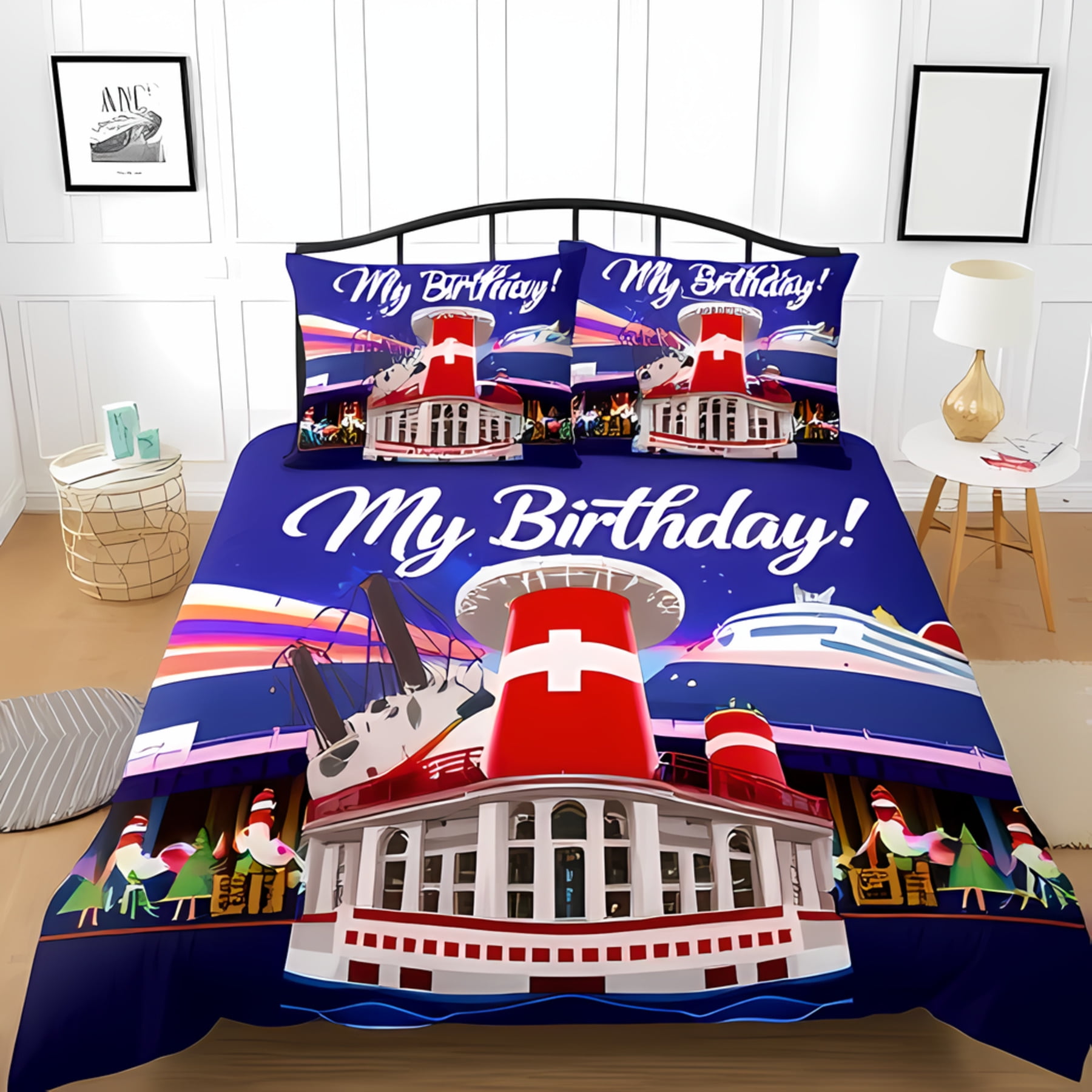 3-Piece Vibrant Blue Duvet Cover Set with Whimsical Birthday Harbor ...