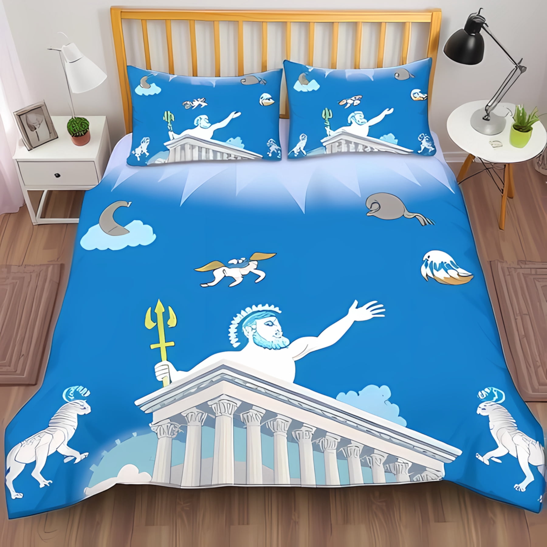 3-Piece Vibrant Blue Duvet Cover Set with Whimsical Greek Mythology ...