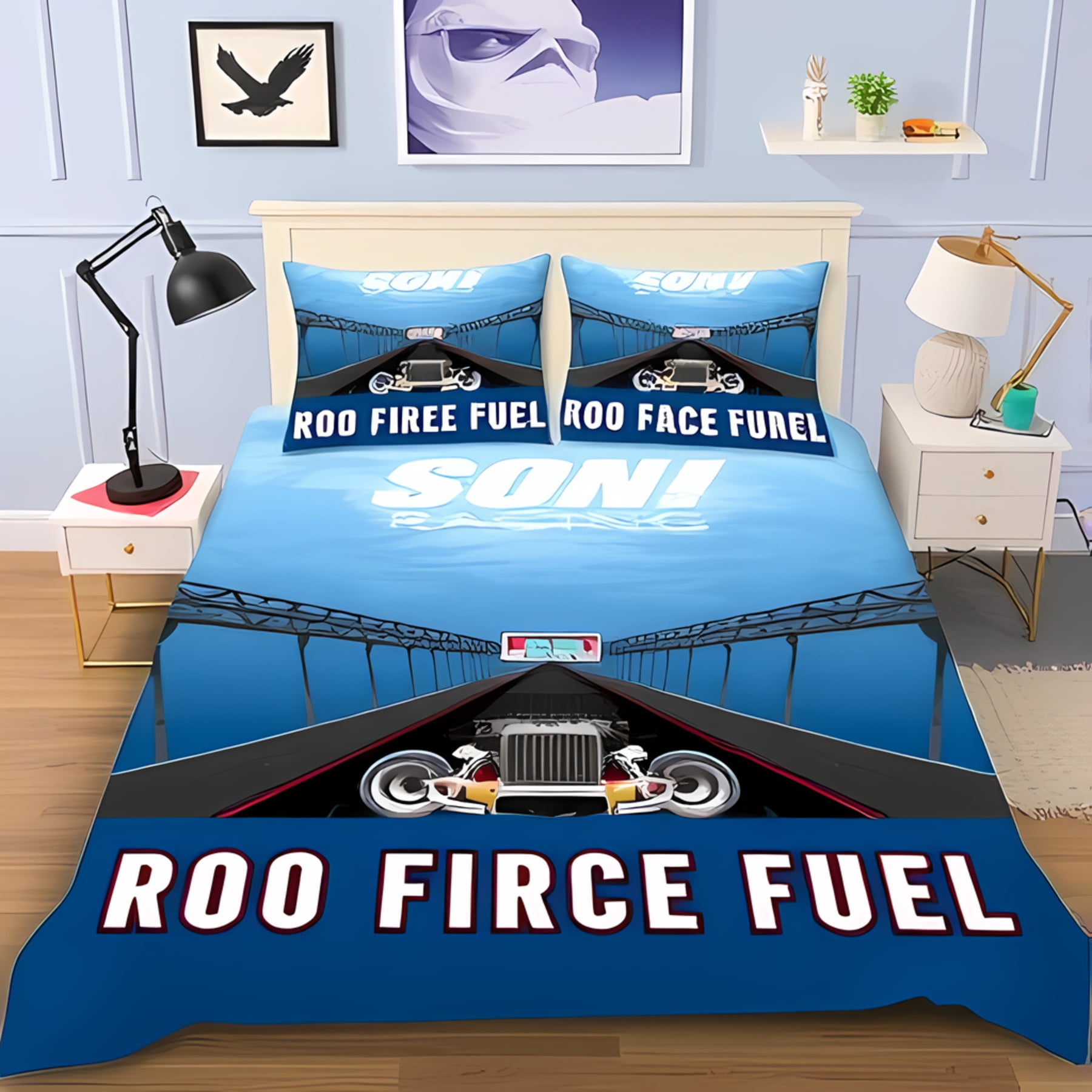3-Piece Vibrant Blue Race Car Duvet Cover Set with Bold 'Roo Firce Fuel' & 'SONI Racing ...