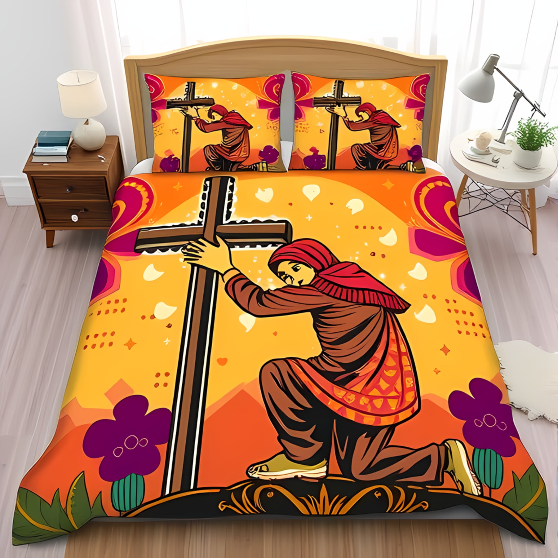 3-Piece Vibrant Duvet Cover Set with Spiritual Design - Kneeling Figure ...