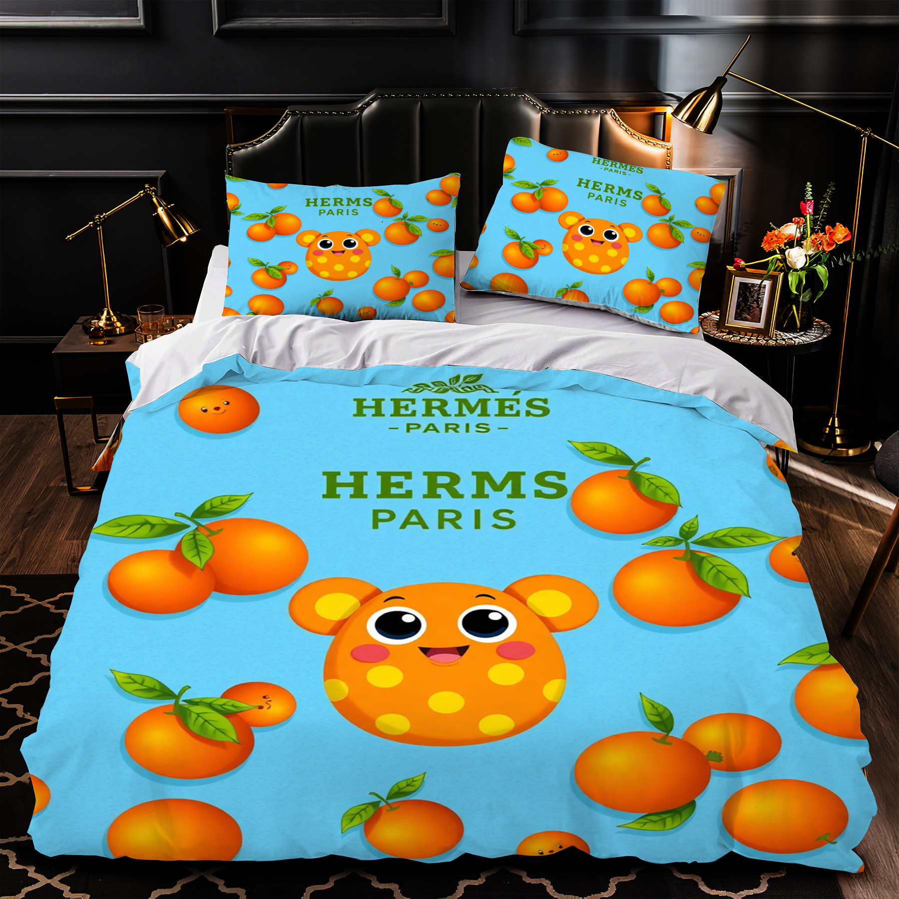 3-Piece Vibrant Orange Cartoon Fruit Duvet Cover Set with Smiling Bear ...