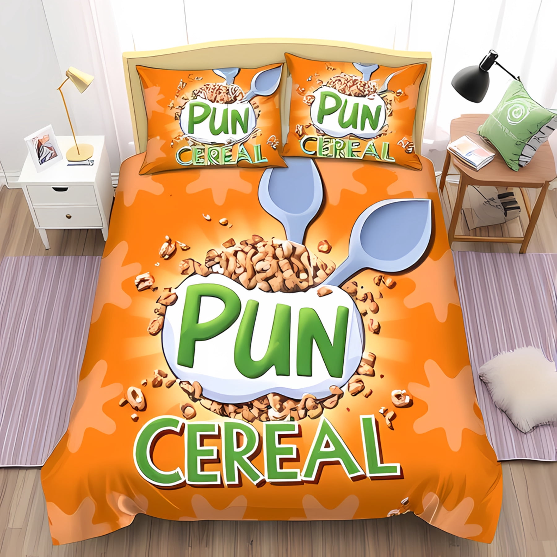 3-Piece Vibrant Orange Duvet Cover Set with Cartoon Cereal & Spoons ...