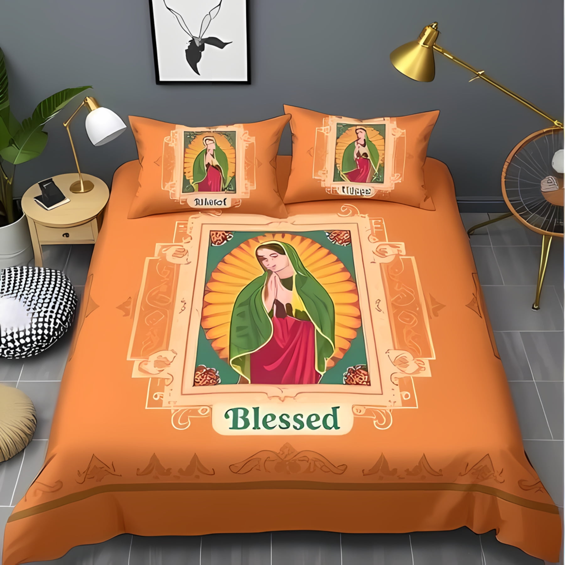 3-Piece Vibrant Orange Duvet Cover Set with Design Gold Accents ...
