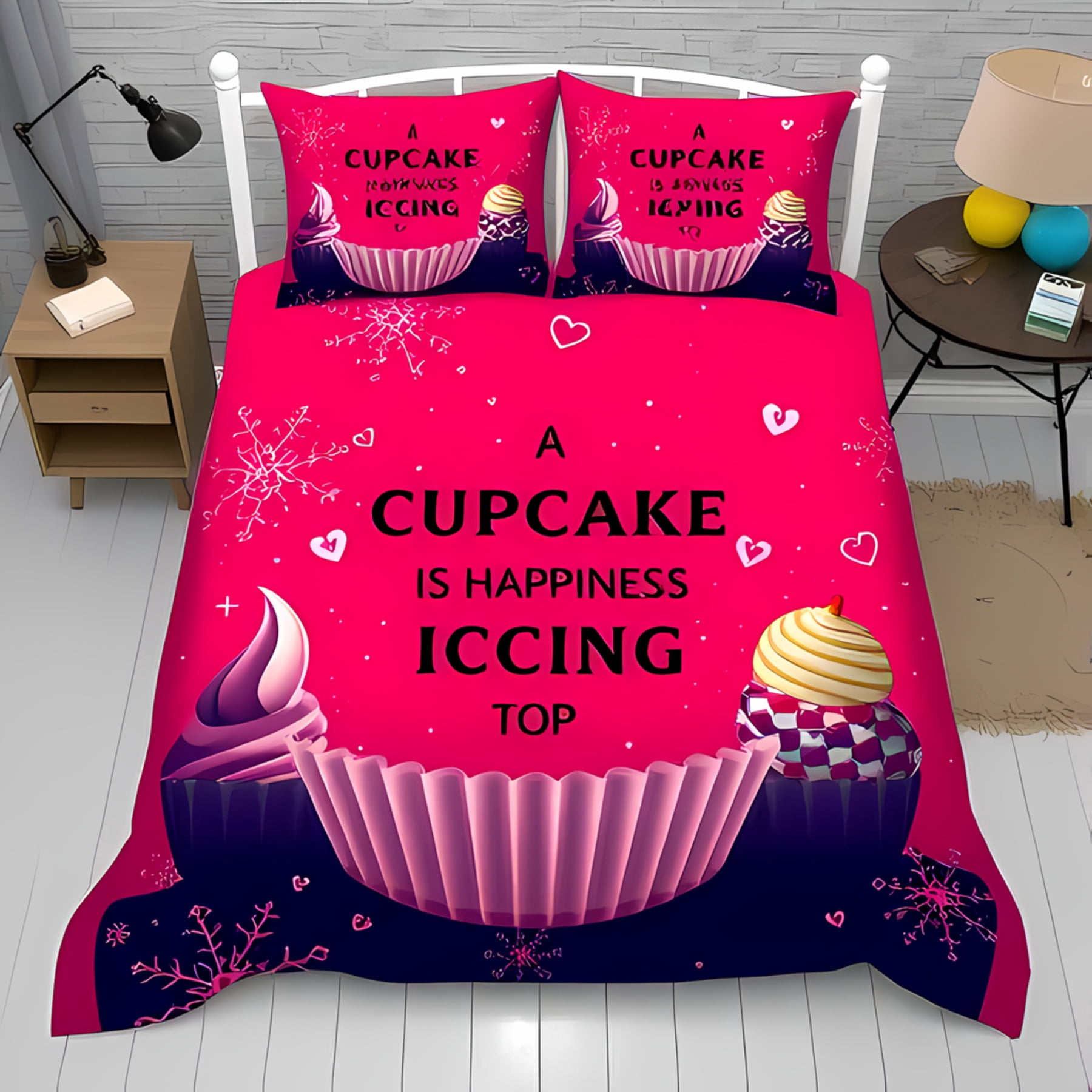 3-Piece Vibrant Pink Cupcake Duvet Cover Set with Whimsical Cupcake ...