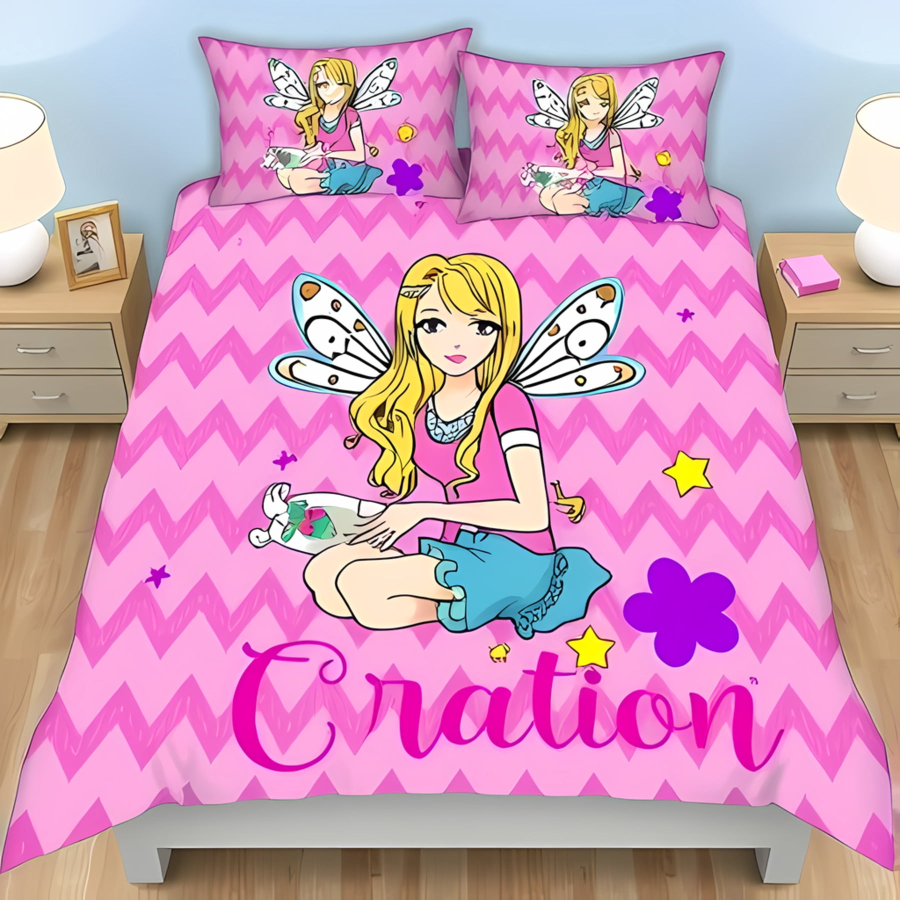 3-Piece Vibrant Pink Duvet Cover Set with Charming Illustration Pattern ...