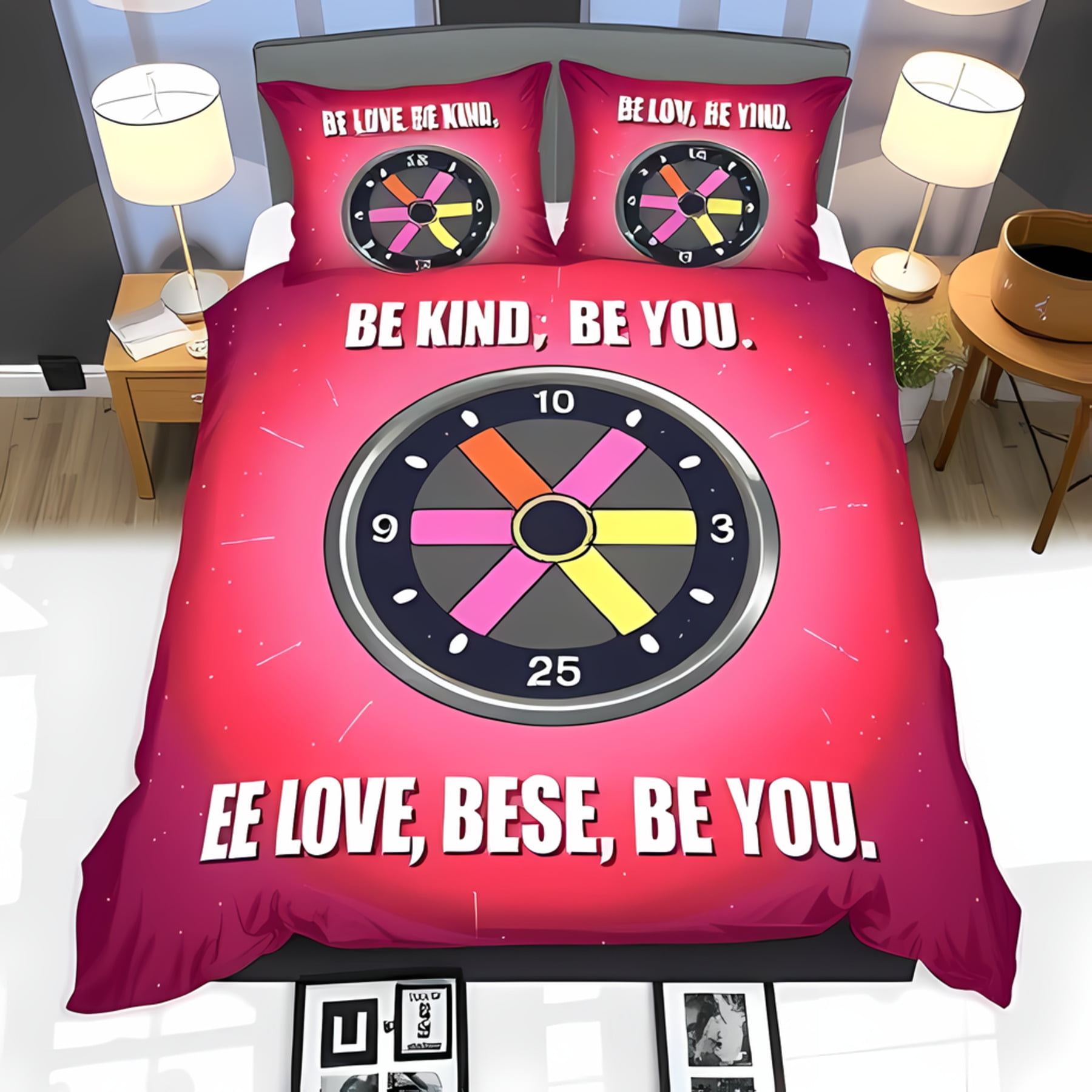 3-Piece Vibrant Pink Duvet Cover Set with Colorful Clock Design & " BE ...