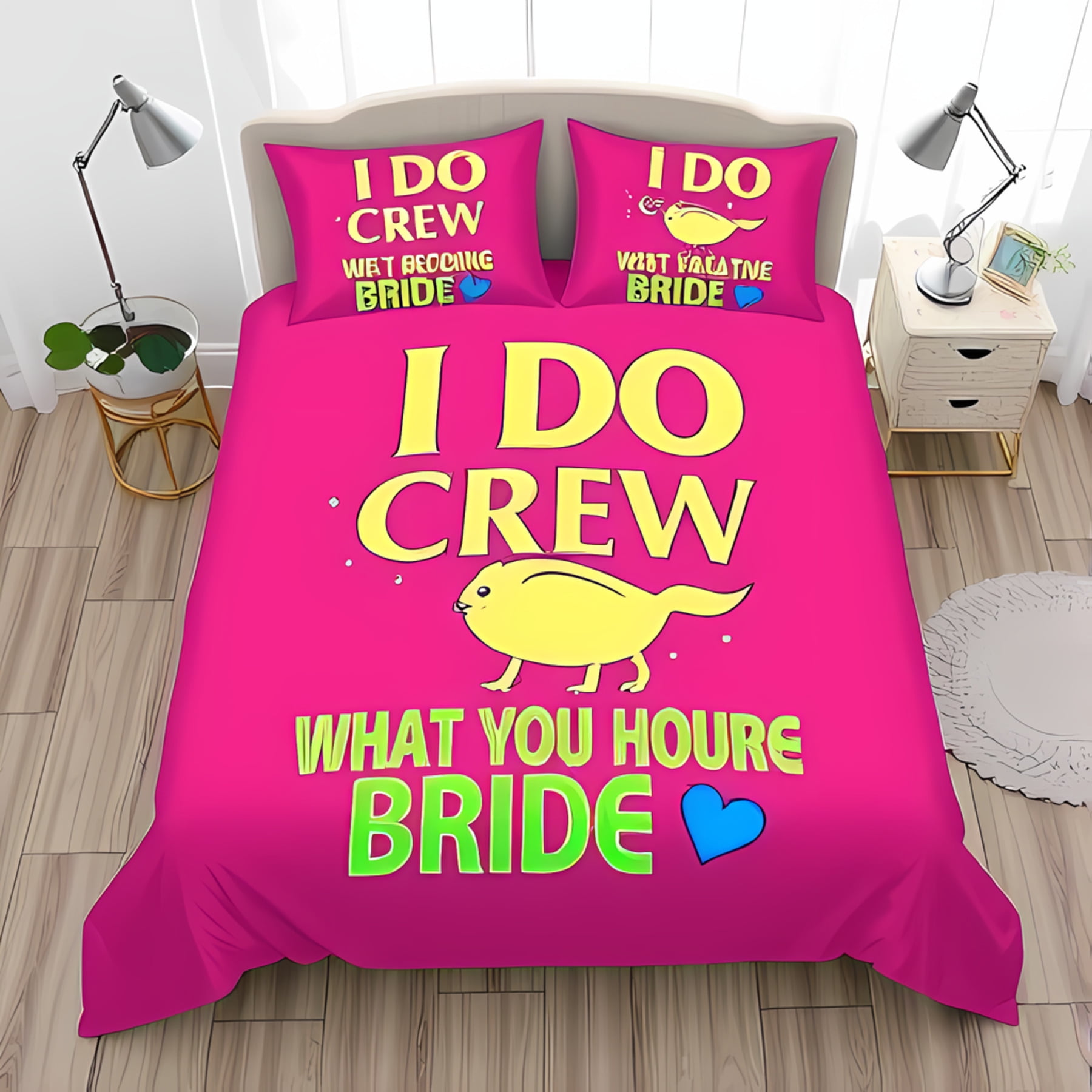 3-Piece Vibrant Pink Duvet Cover Set with " I Do Crew " & Cartoon ...