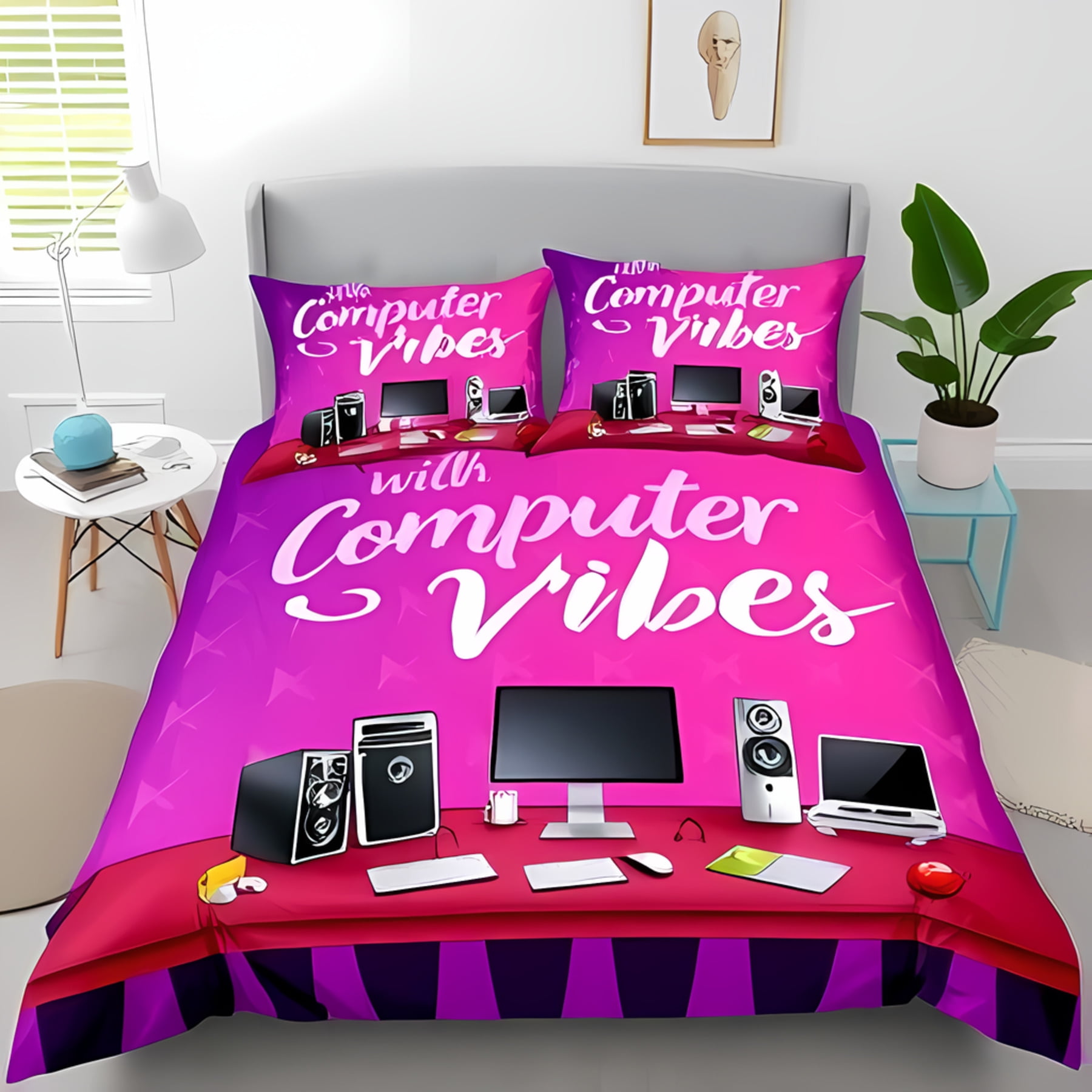 3-Piece Vibrant Pink Duvet Cover Set with Playful 'Computer Vibes ...