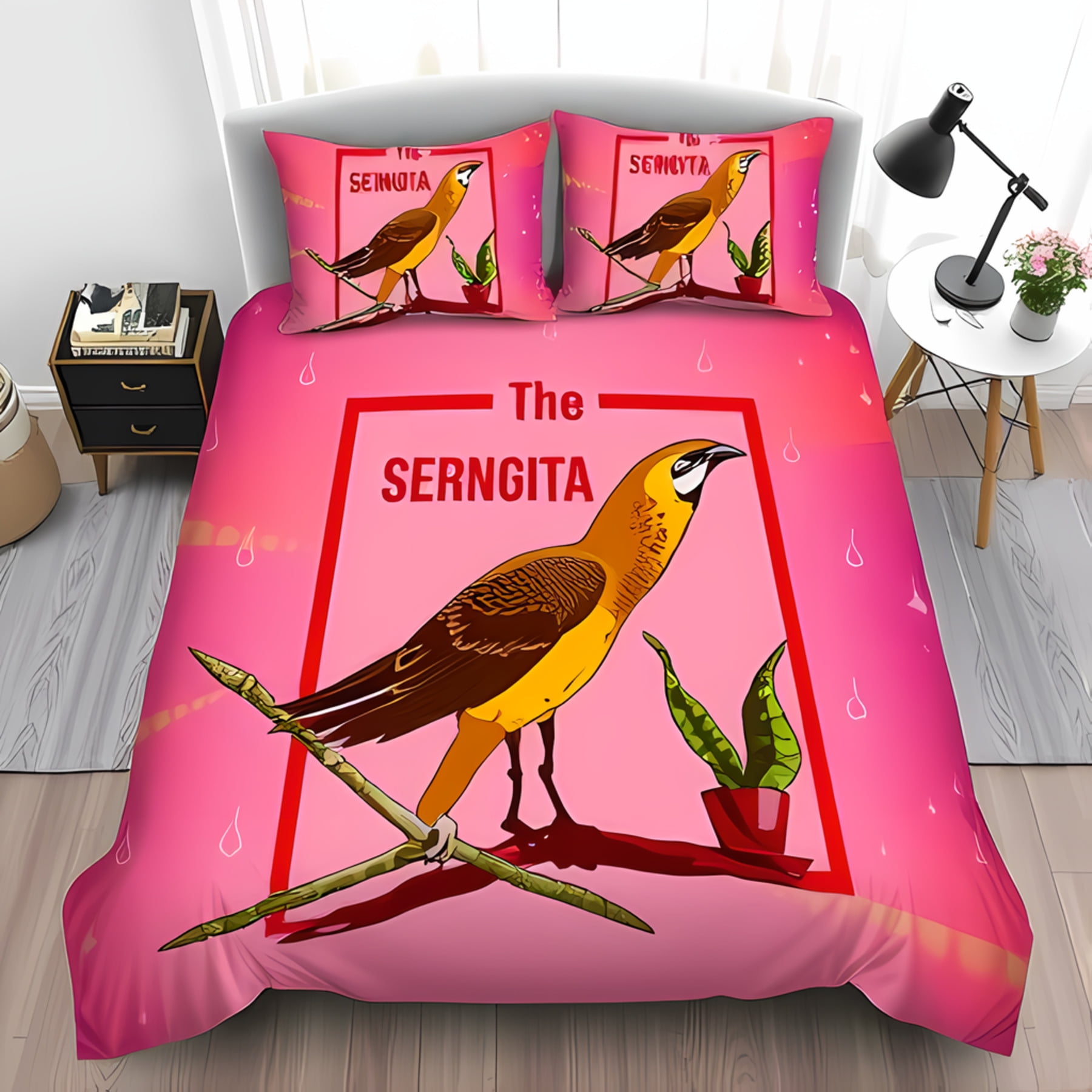 3-Piece Vibrant Pink Duvet Cover Set with Serngita Bird Illustration ...