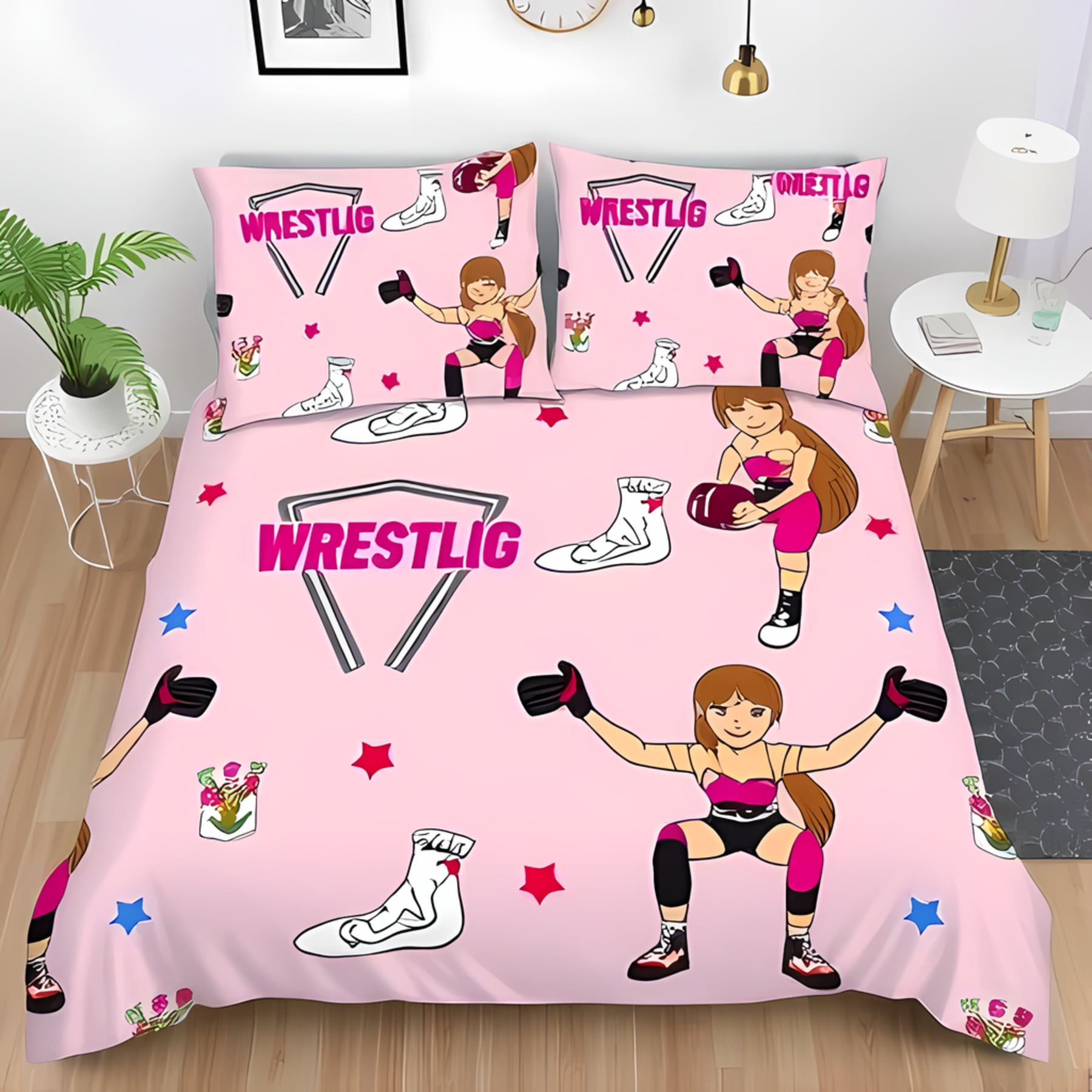 3-Piece Vibrant Pink Wrestling Duvet Cover Set with Cartoon Female ...