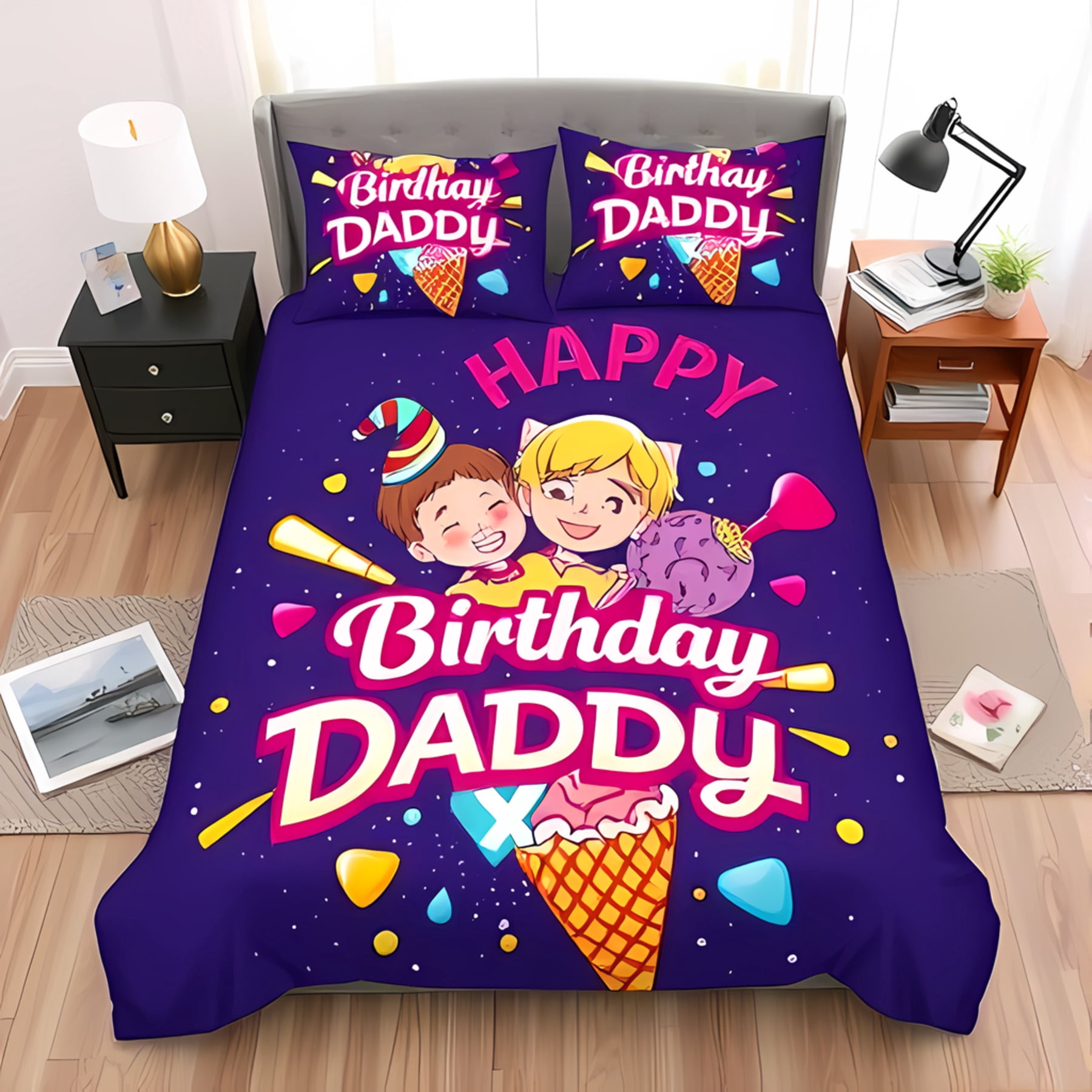 3-Piece Vibrant Purple Duvet Cover Set for Dad's Birthday - Fun Cartoon ...