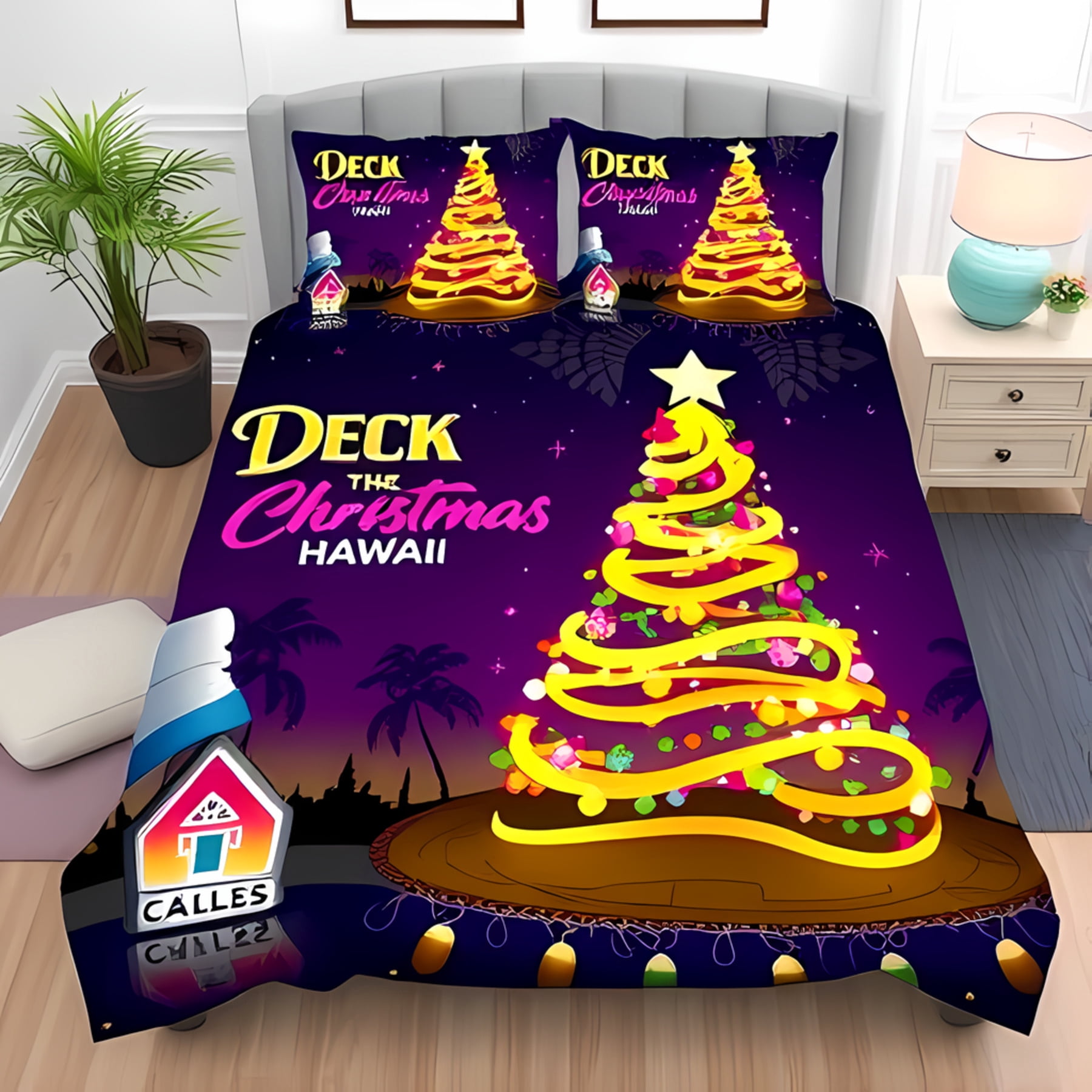 3-Piece Vibrant Purple Duvet Cover Set with Glowing Gold Christmas Tree ...