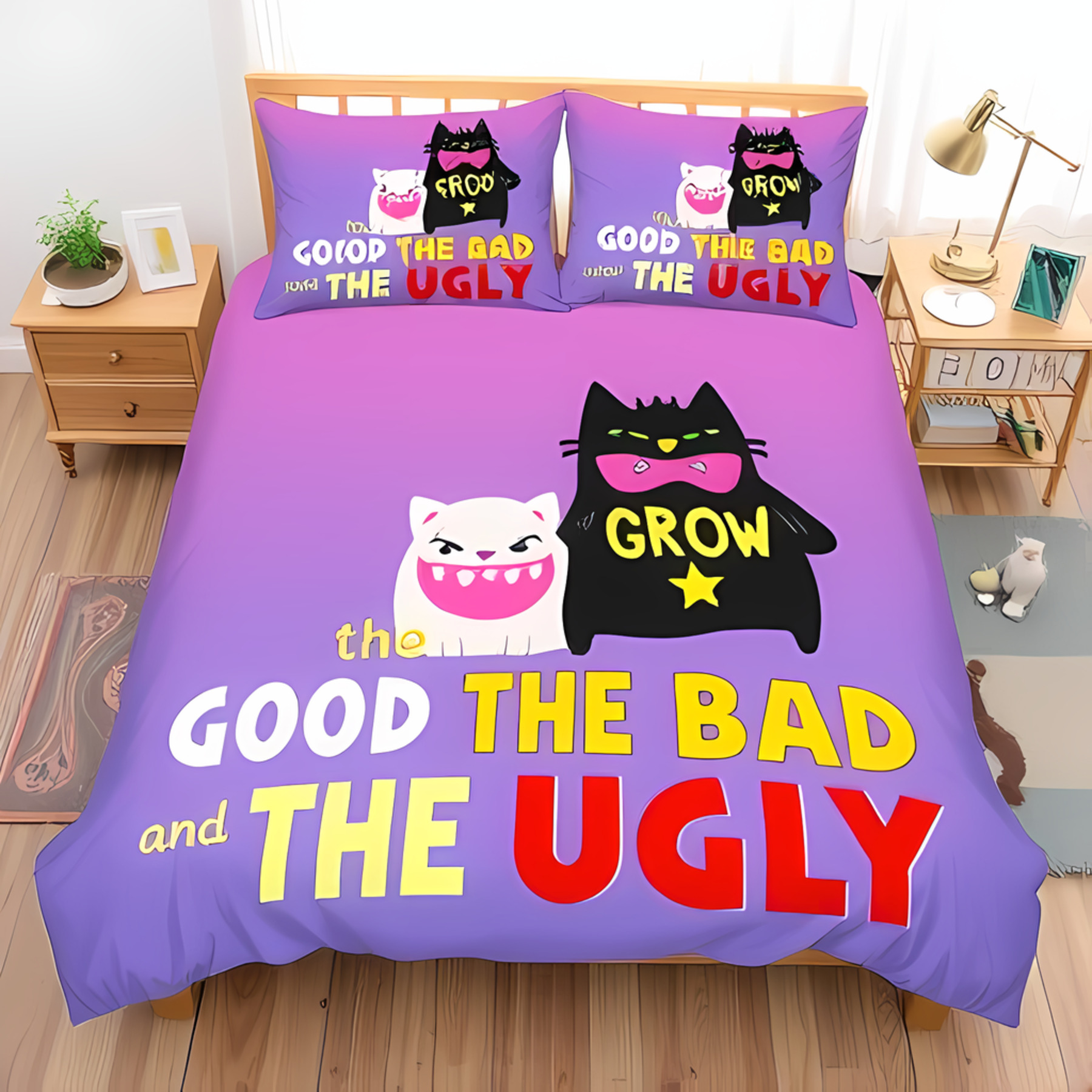 3-Piece Vibrant Purple Duvet Cover Set with Playful Cartoon Cats Fun ...