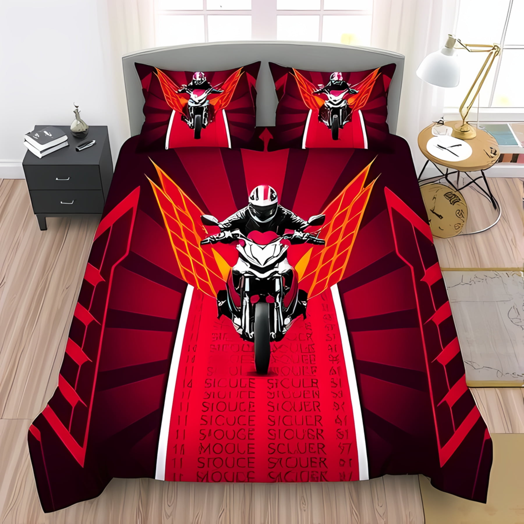 3-Piece Vibrant Red and Black Duvet Cover Set with Motorcyclist Graphic ...