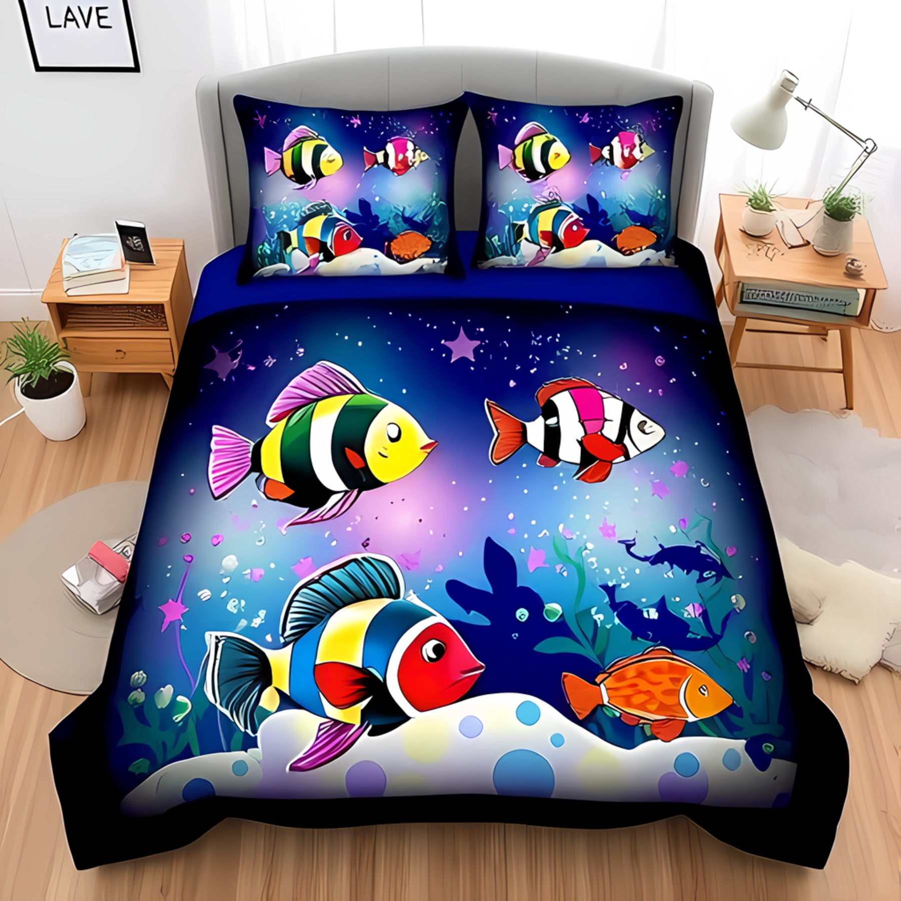 3-Piece Vibrant Underwater Duvet Cover Set with Cartoon Fish & Coral ...