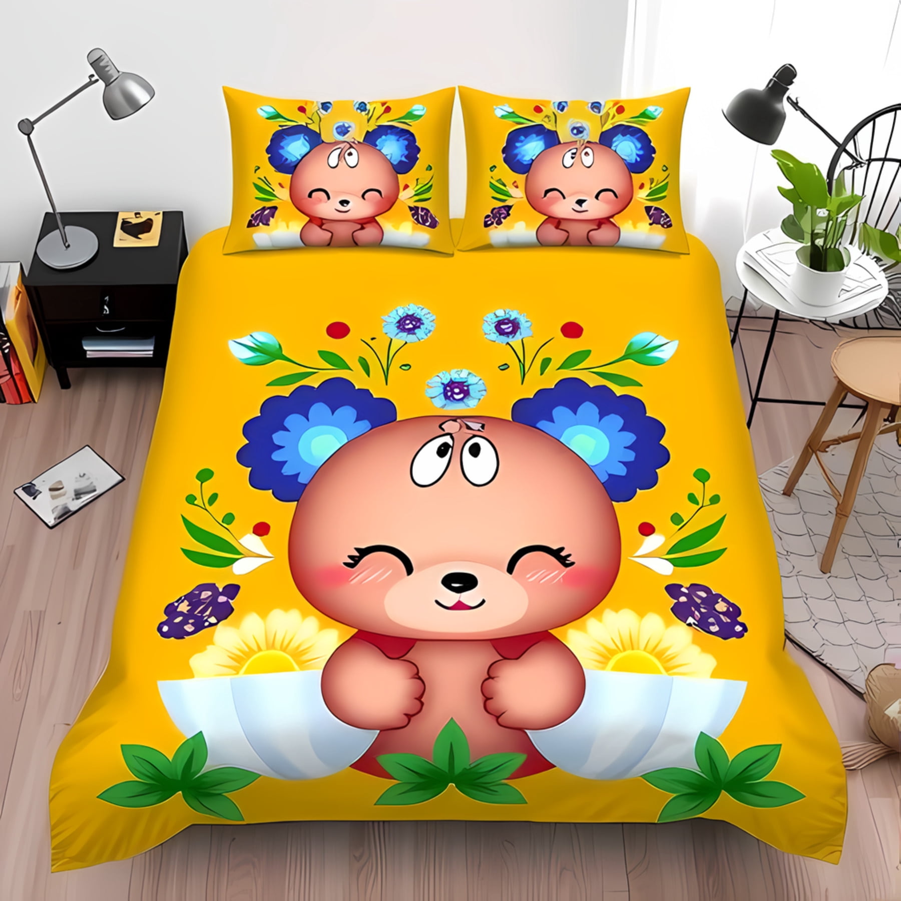 3-Piece Vibrant Yellow Duvet Cover Set Floral Design - Walmart.com