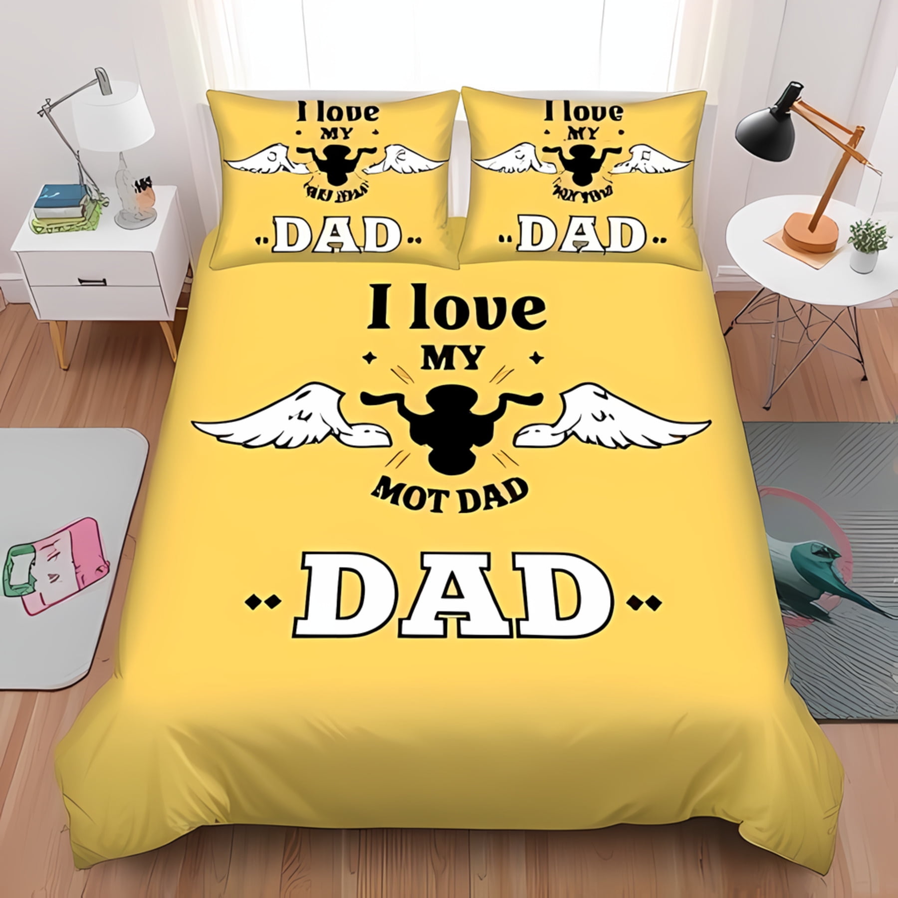 3-Piece Vibrant Yellow Duvet Cover Set - "I Love My Mot Dad" with ...