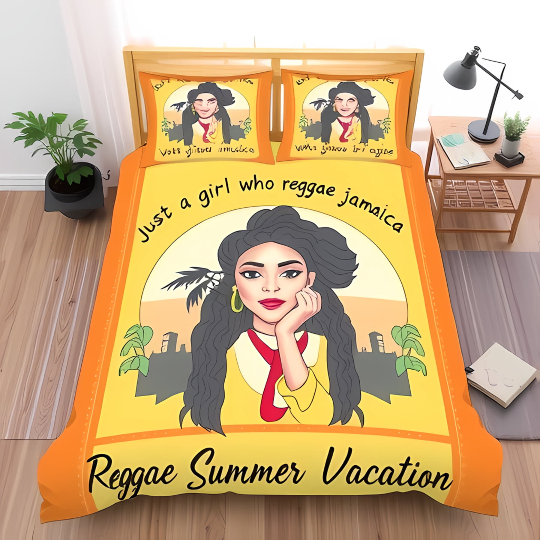 3-Piece Vibrant Yellow Duvet Cover Set with Woman Illustration Reggae ...