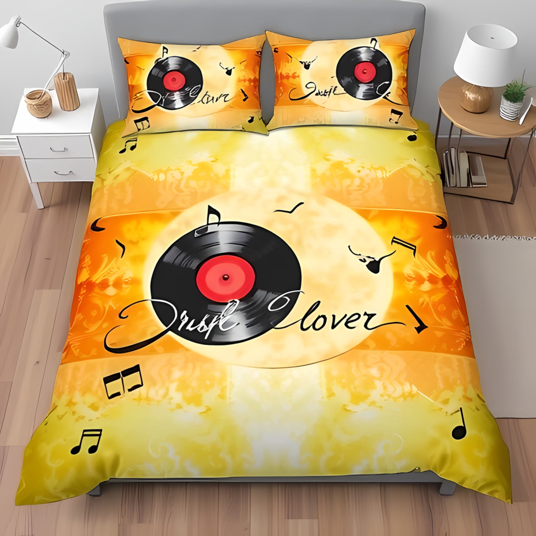 3-Piece Vibrant Yellow & Orange Duvet Cover Set with Record & Musical ...