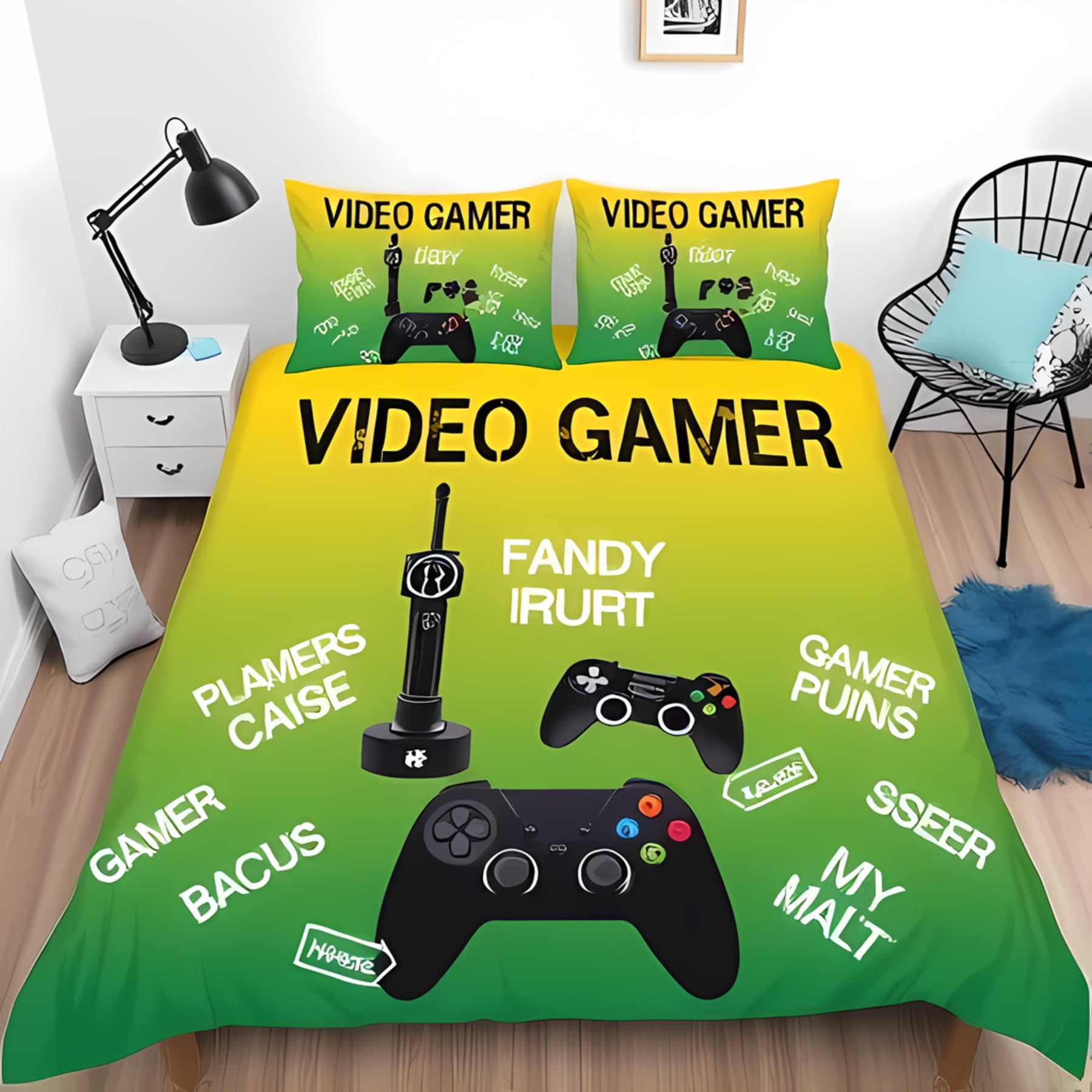 3-Piece Video Gamer Duvet Cover Set - Bright Yellow & Green Gradient ...