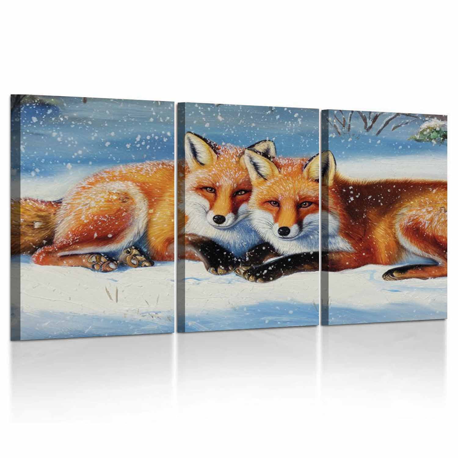 3 Piece Vintage Abstract Canvas Wall Art Print Two Foxes In Winter Snow ...