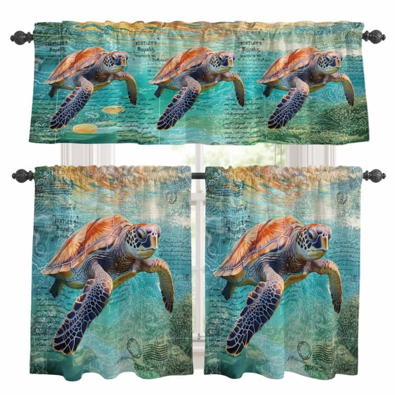 3 Piece Vintage Blue Kitchen Curtain Valance and Tiers Set Ocean ...