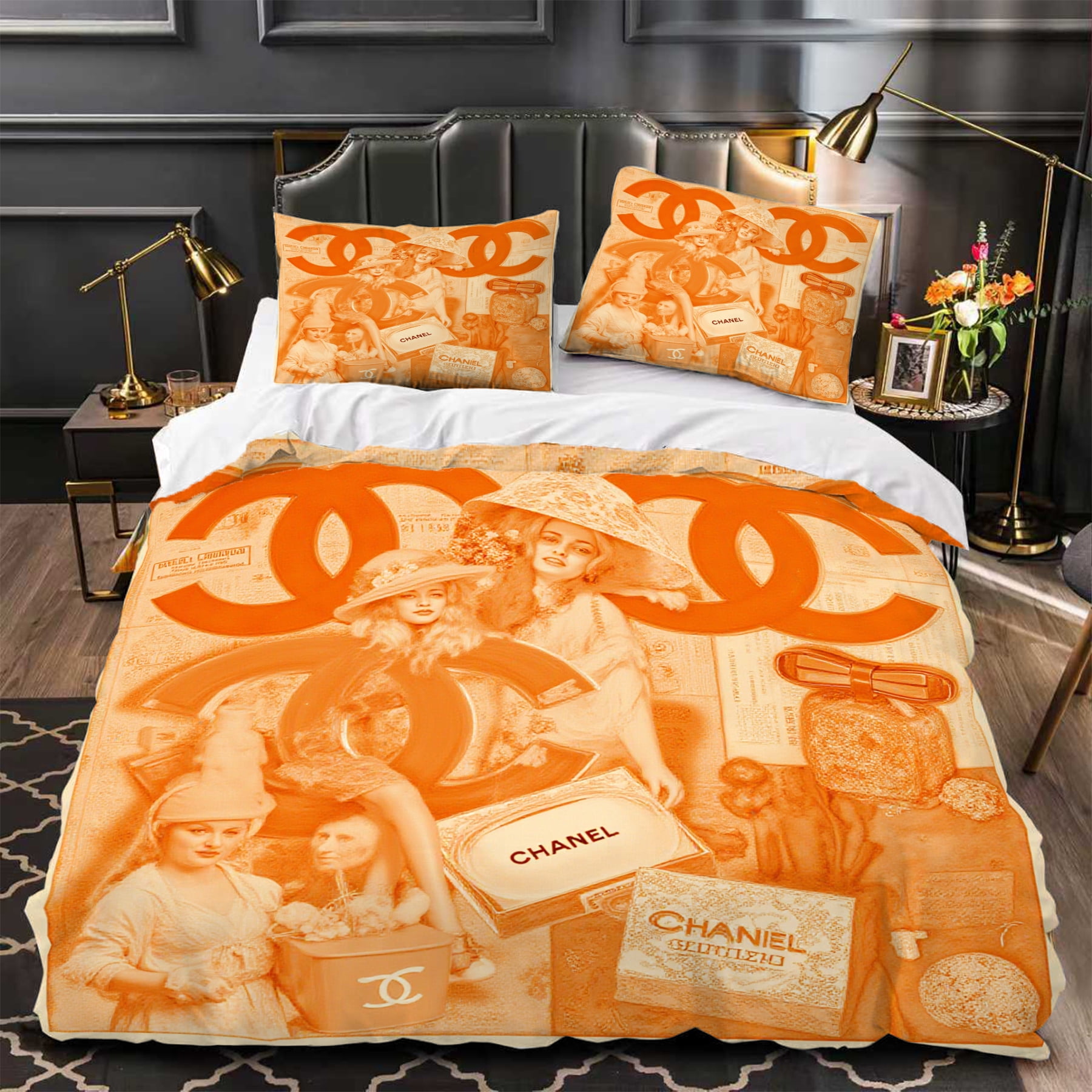 3-Piece Vintage Brand Duvet Cover Set - Orange & Black Bedding Modern ...