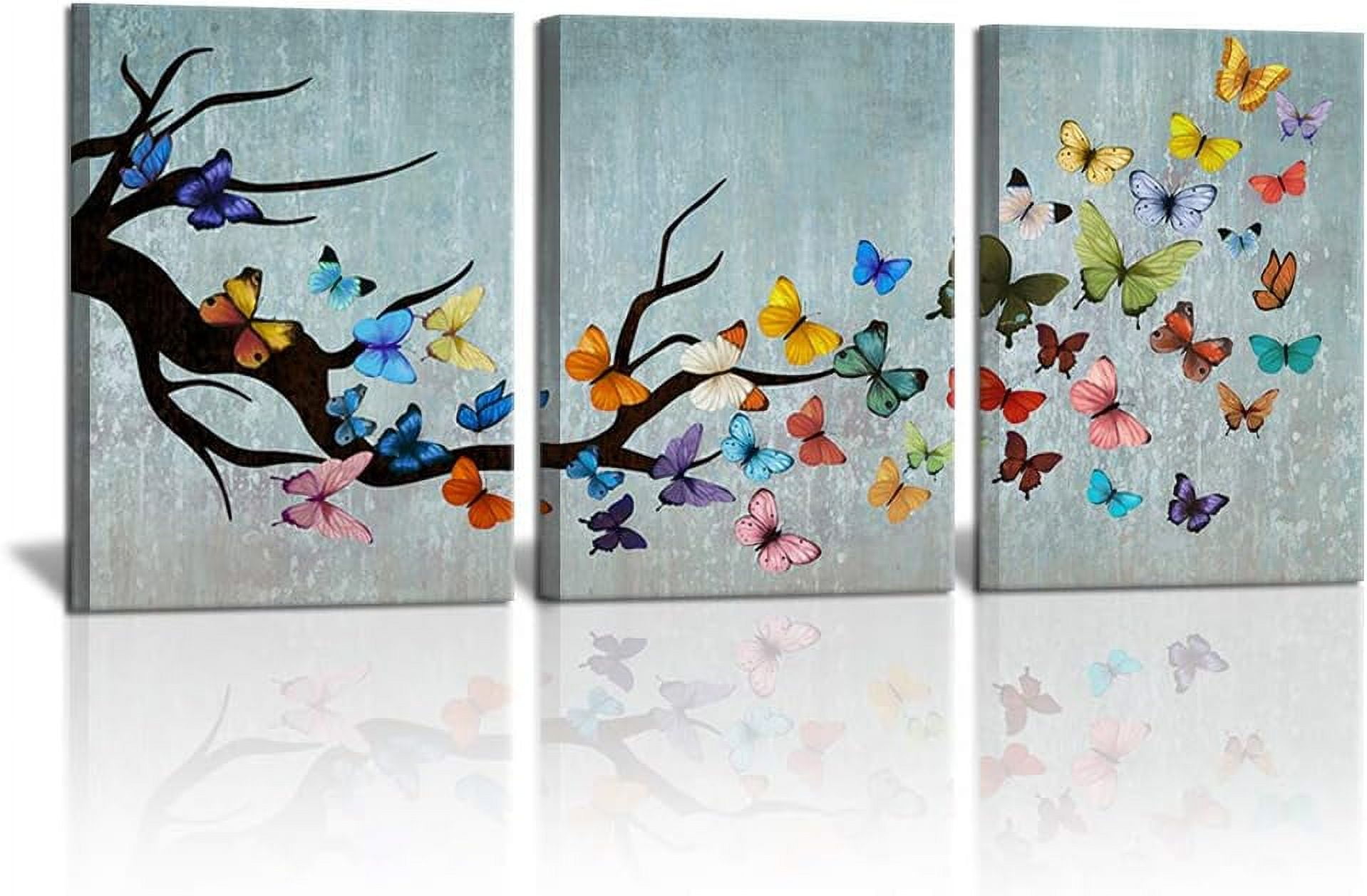 3 Piece Vintage Butterfly Canvas Wall Decor Prints Retro Inset Artwork ...