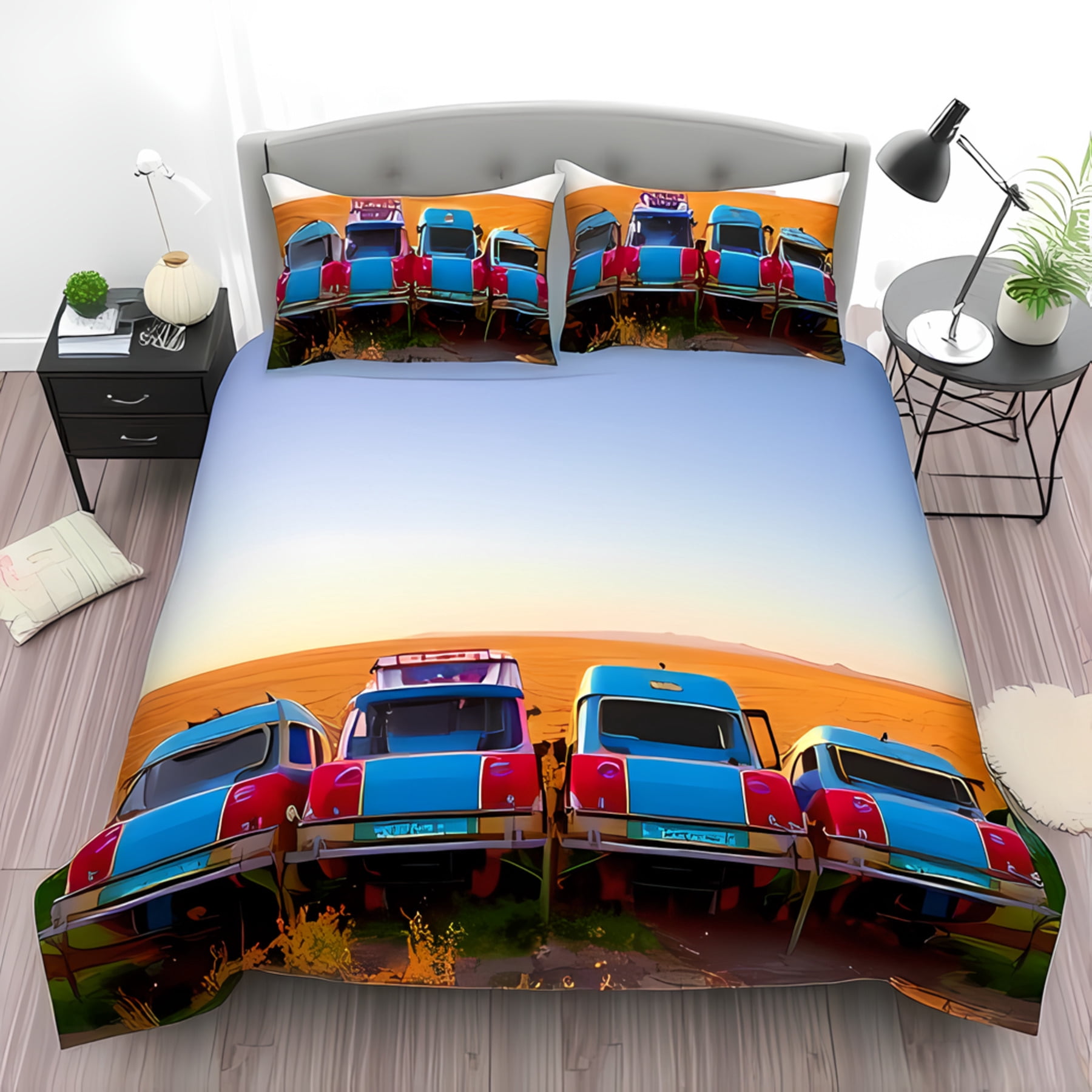 3-Piece Vintage Car Duvet Cover Set - Colorful Retro in Scenic ...