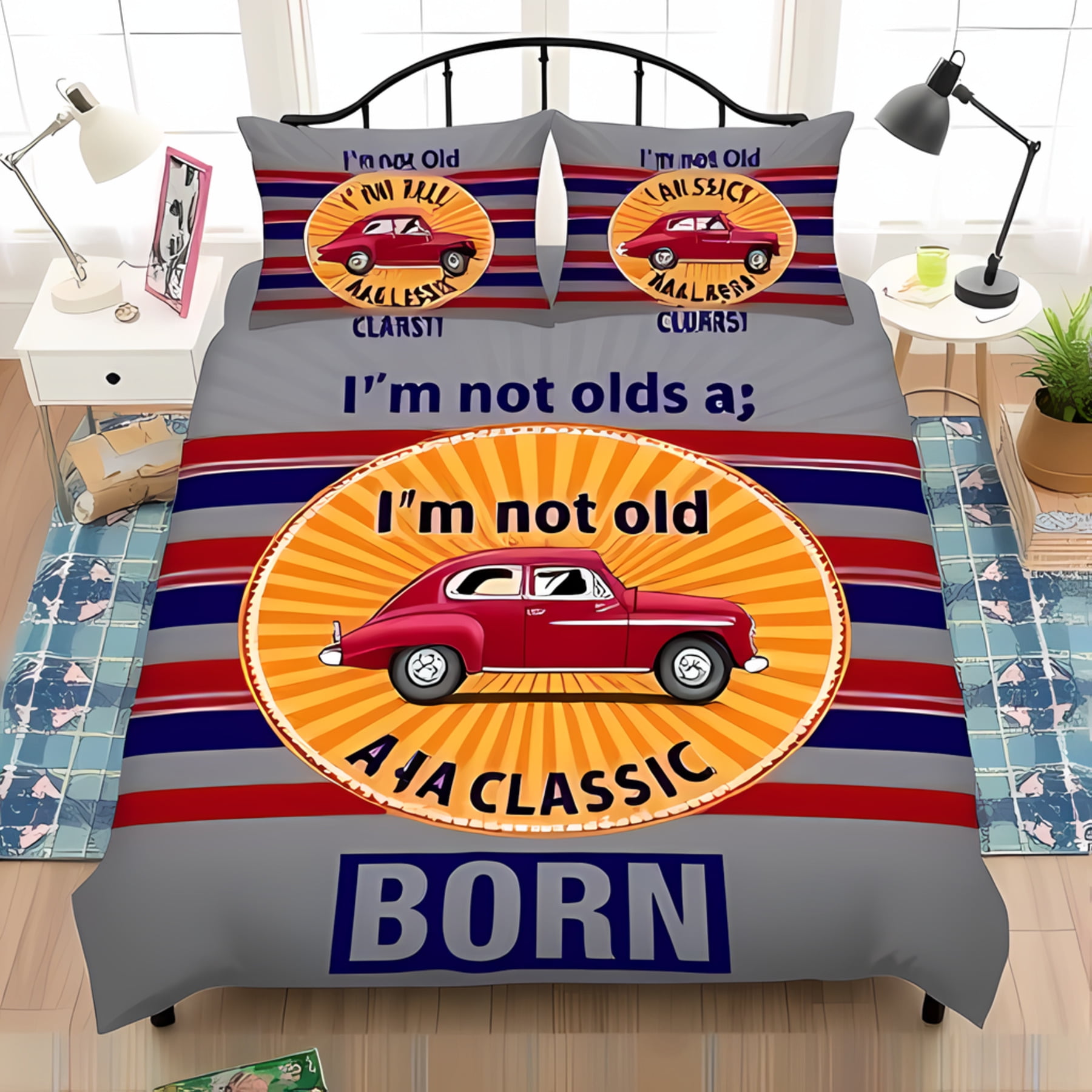 3-Piece Vintage Car Duvet Cover Set - Playful Retro Design with Red ...
